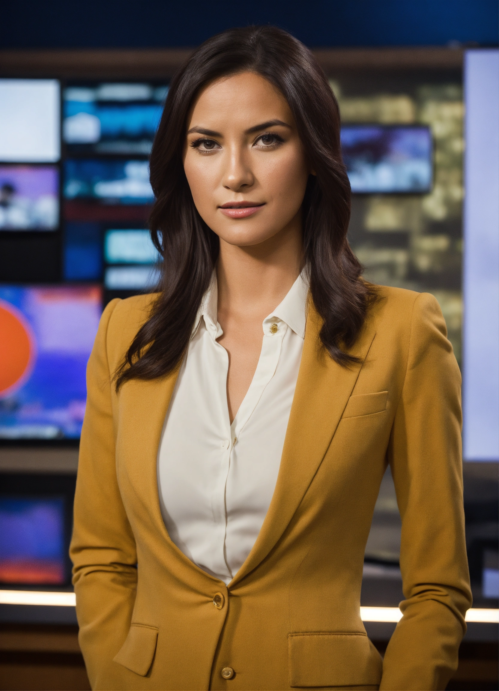 Lexica - Female presenter in a tv set. Half body shot. Neutral expression.