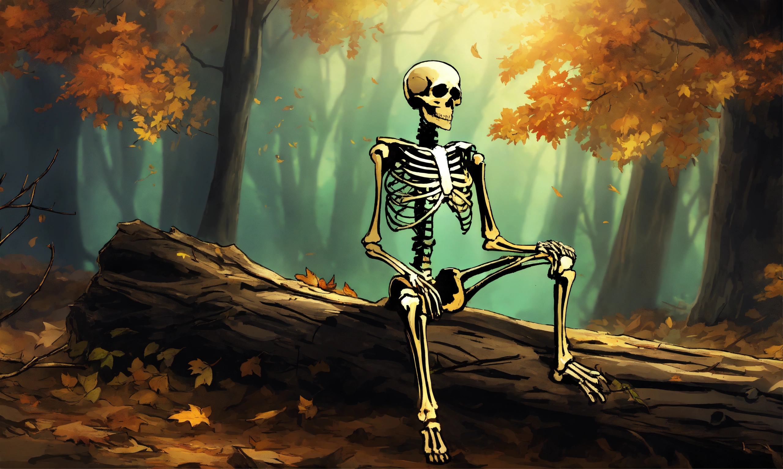 Lexica - Create a digital art piece featuring a skeleton sitting on a ...