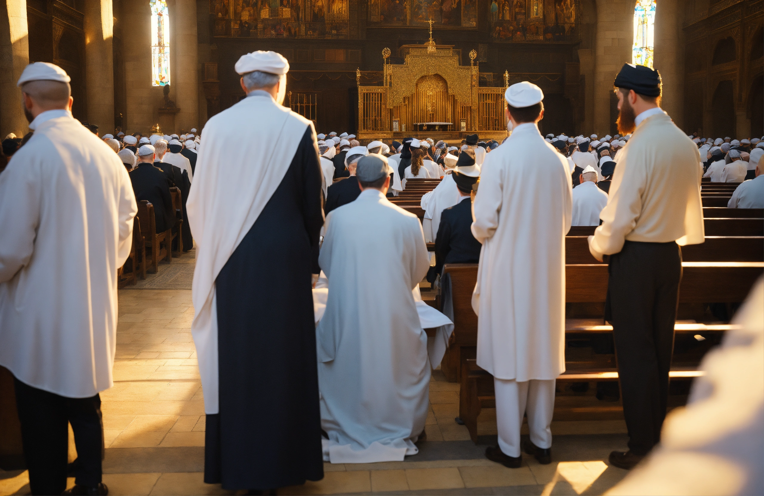 Lexica - A hundred Orthodox people sit in a synagogue with tallit and ...