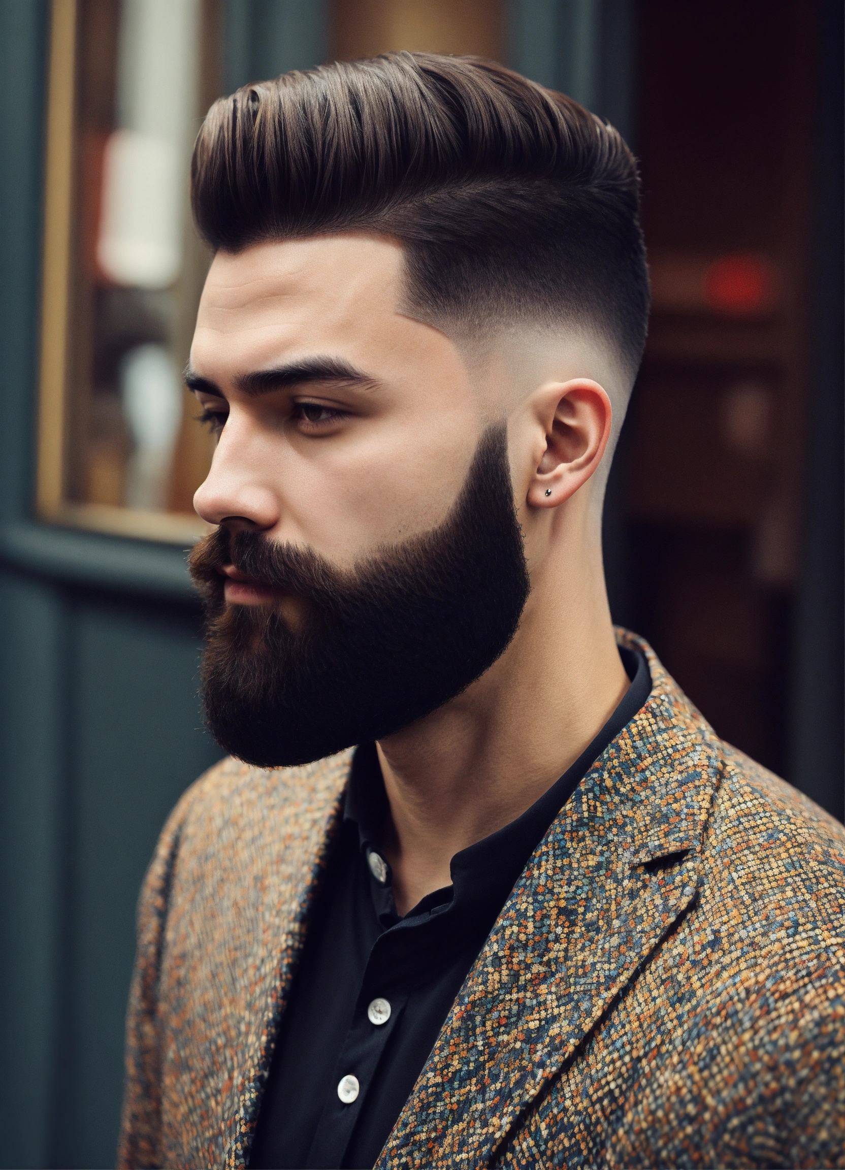 Lexica - Short full trimmed beard with modern pompadour hairstyle