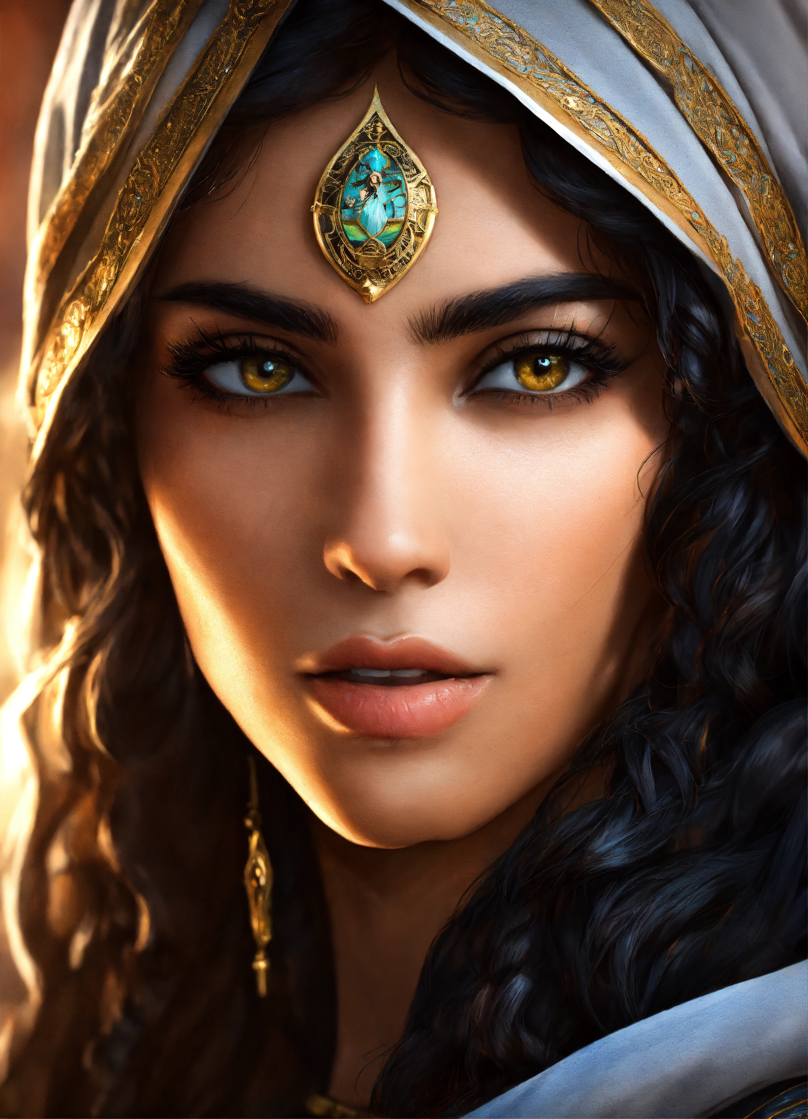 Lexica - "heroic Arabian female fantasy rogue", curly black hair, travel clothes, head and ...