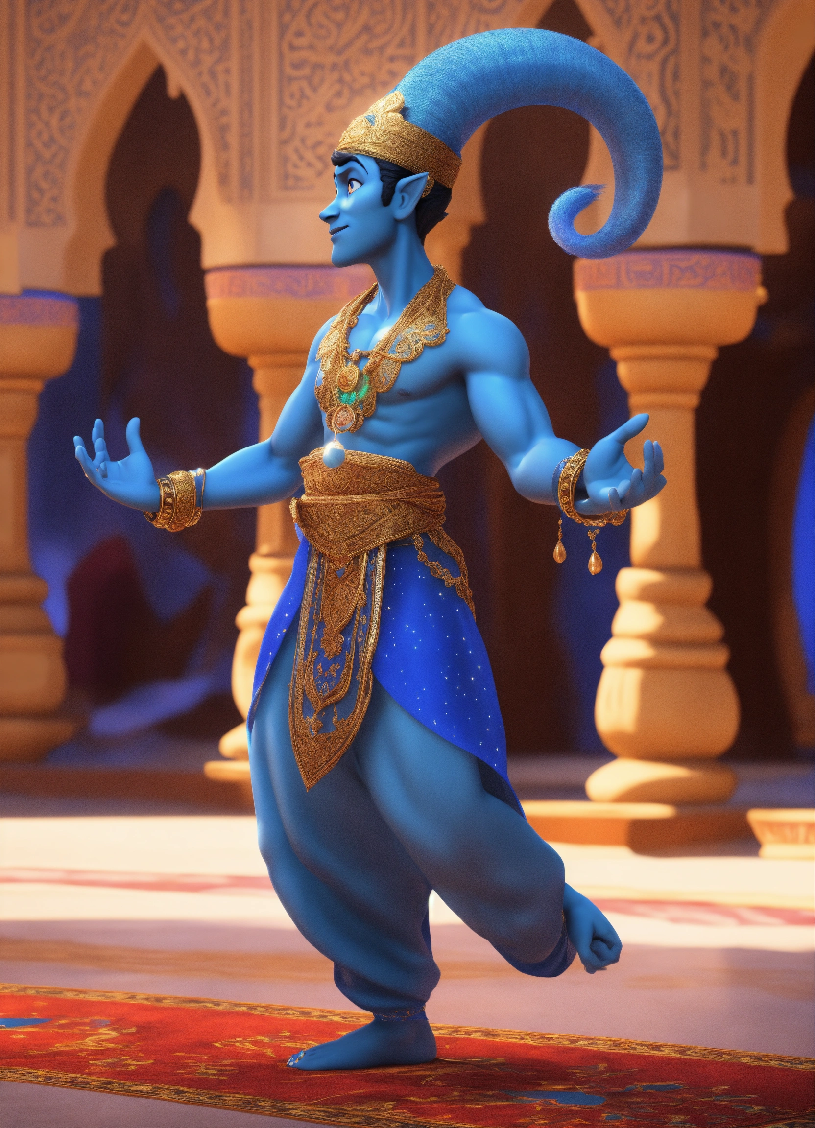 Lexica - Create a 3D rendering of a magical blue Arabian male genie ...