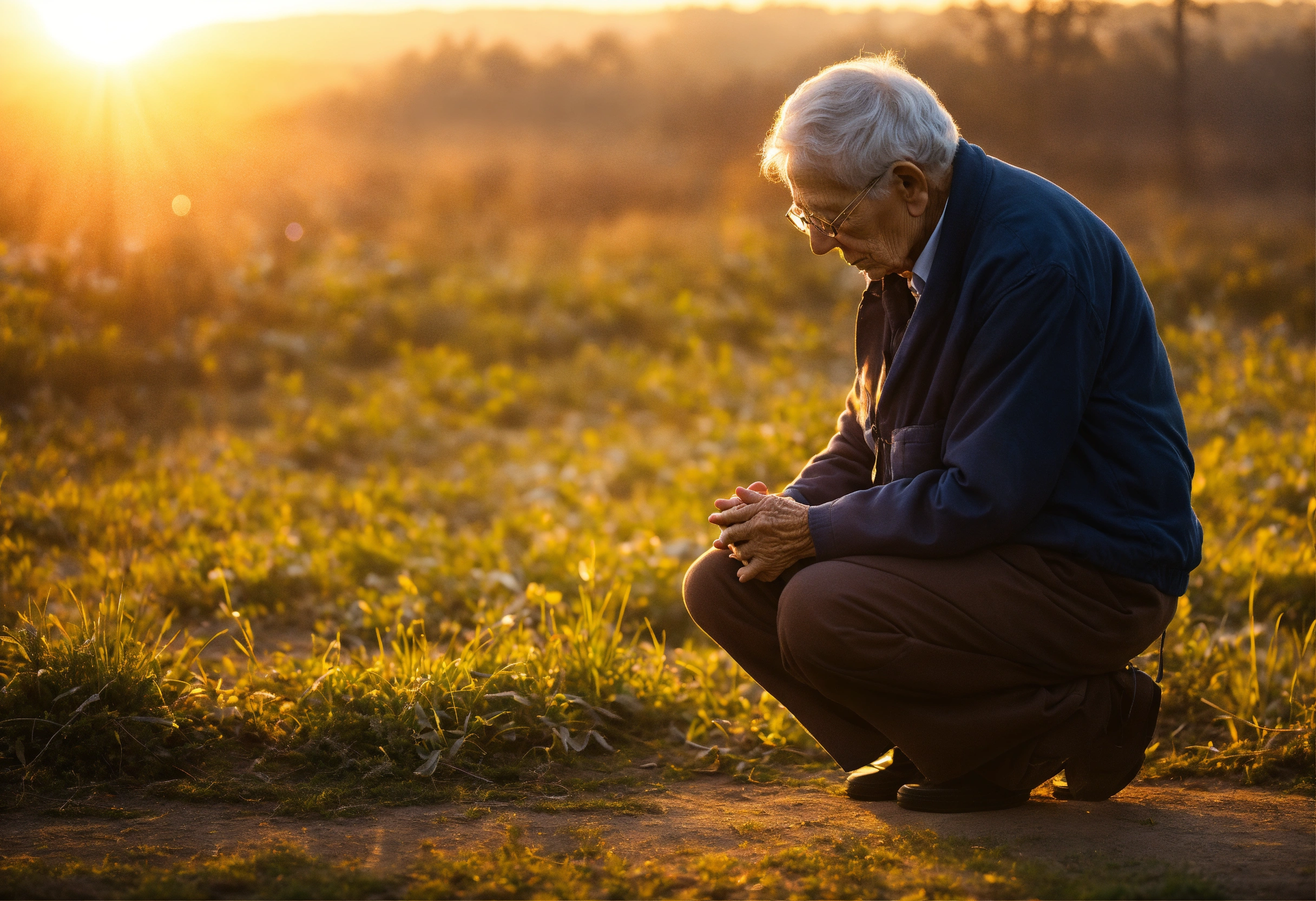 Lexica - Elderly person on their knees praying, at dawn rays of light