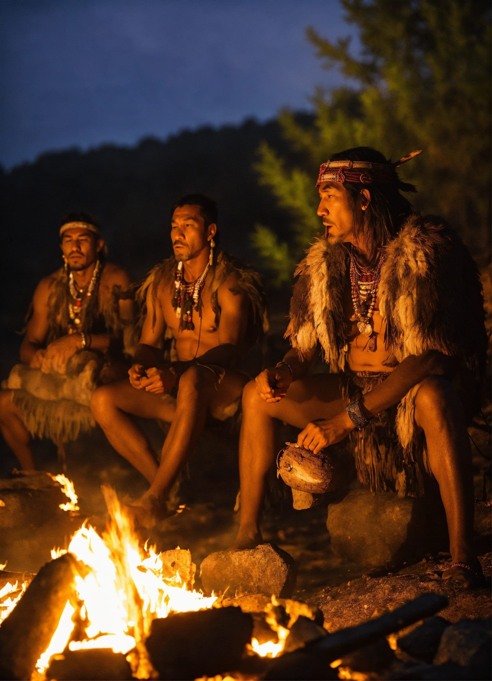 Lexica - Leader watches his prehistoric tribe eating around a fire