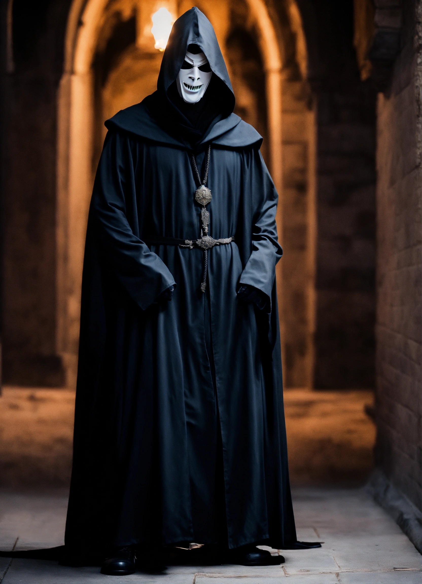 Lexica - White masked man wearing black robes, evil wizard