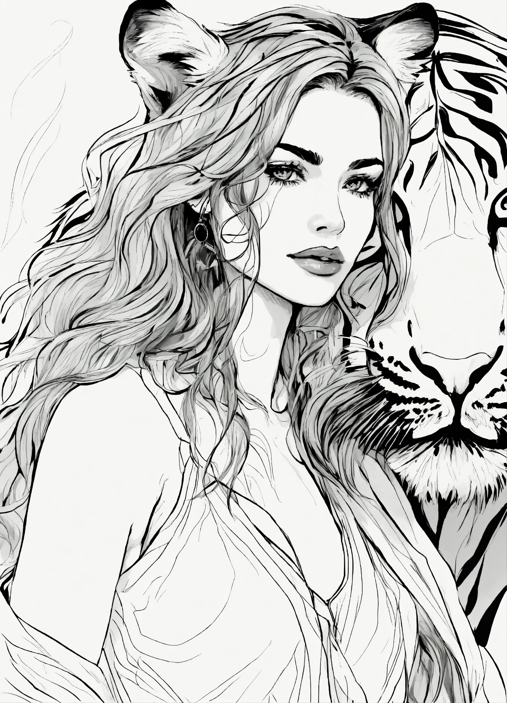 Lexica - Black and white bold line drawing, beautiful woman, with tiger ...