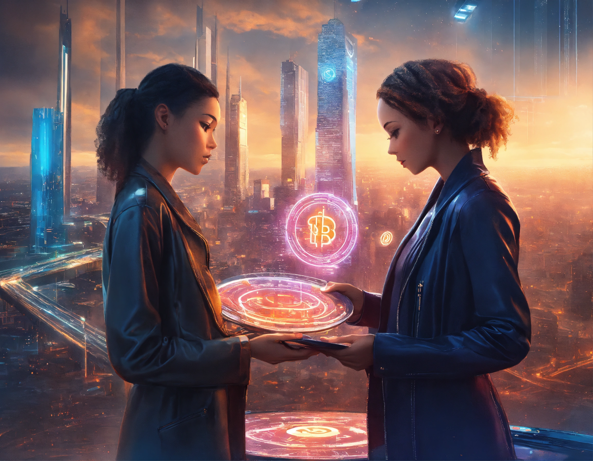 Lexica - Create an image of 2 women covertly exchanging digital tokens ...