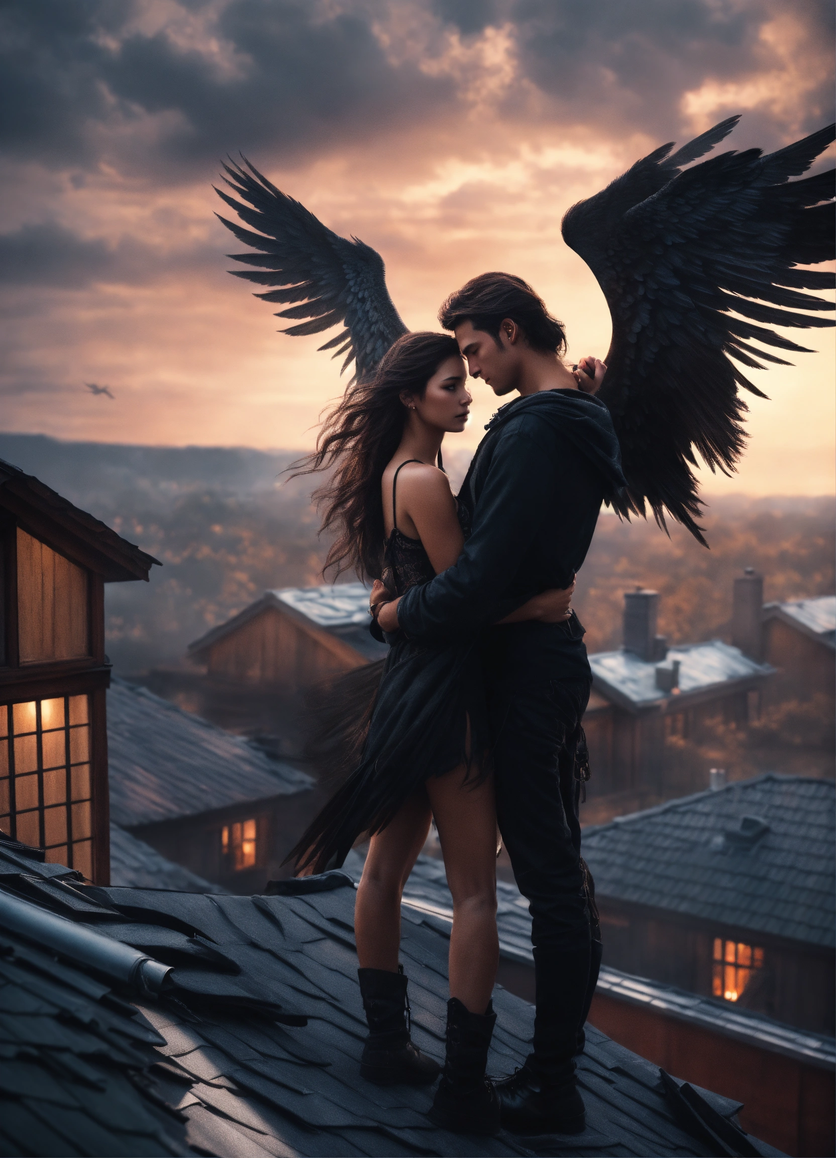 Lexica - Beautiful girl hugs handsome man with black wings while ...