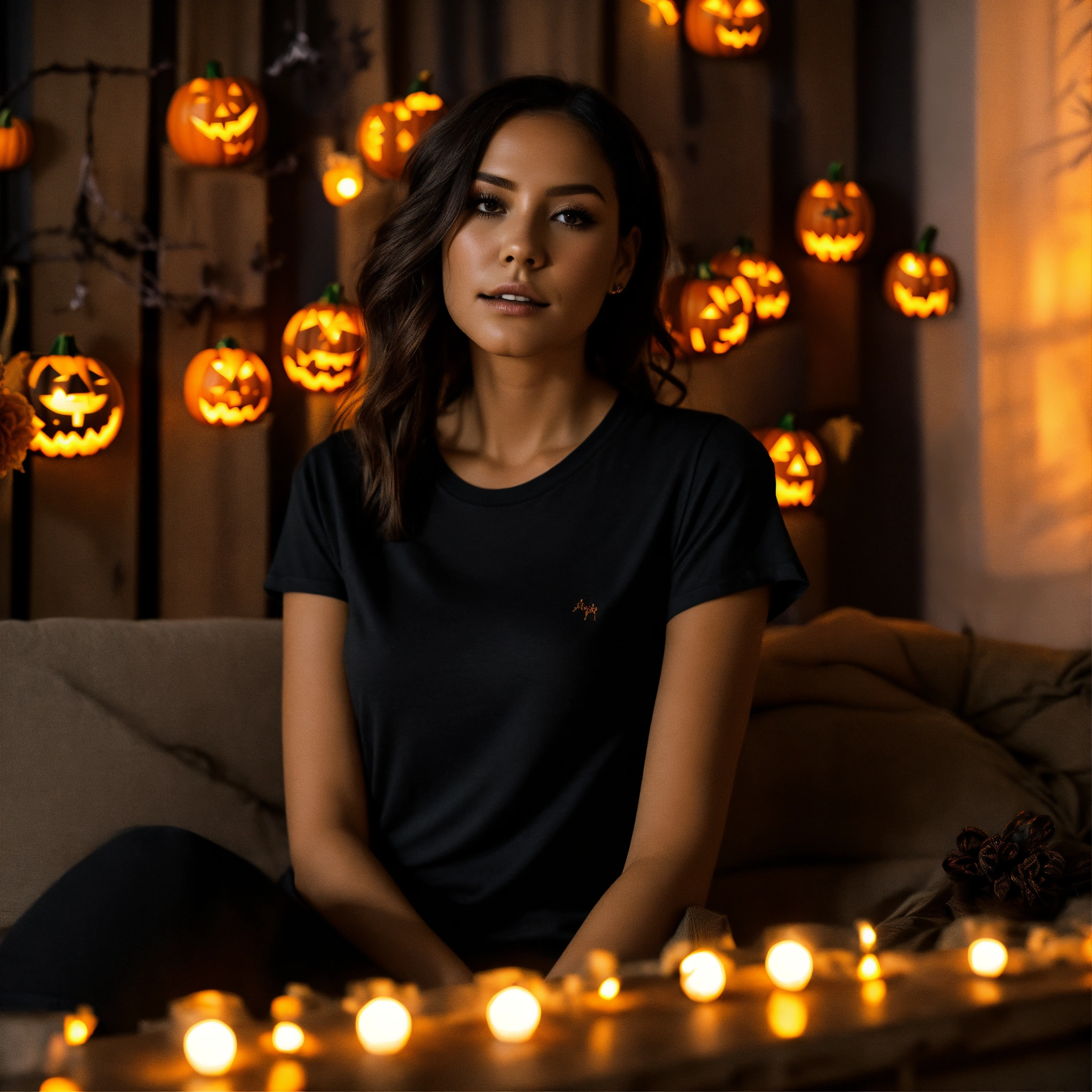 Lexica - Close up of woman wearing a completely plain blank black bella ...