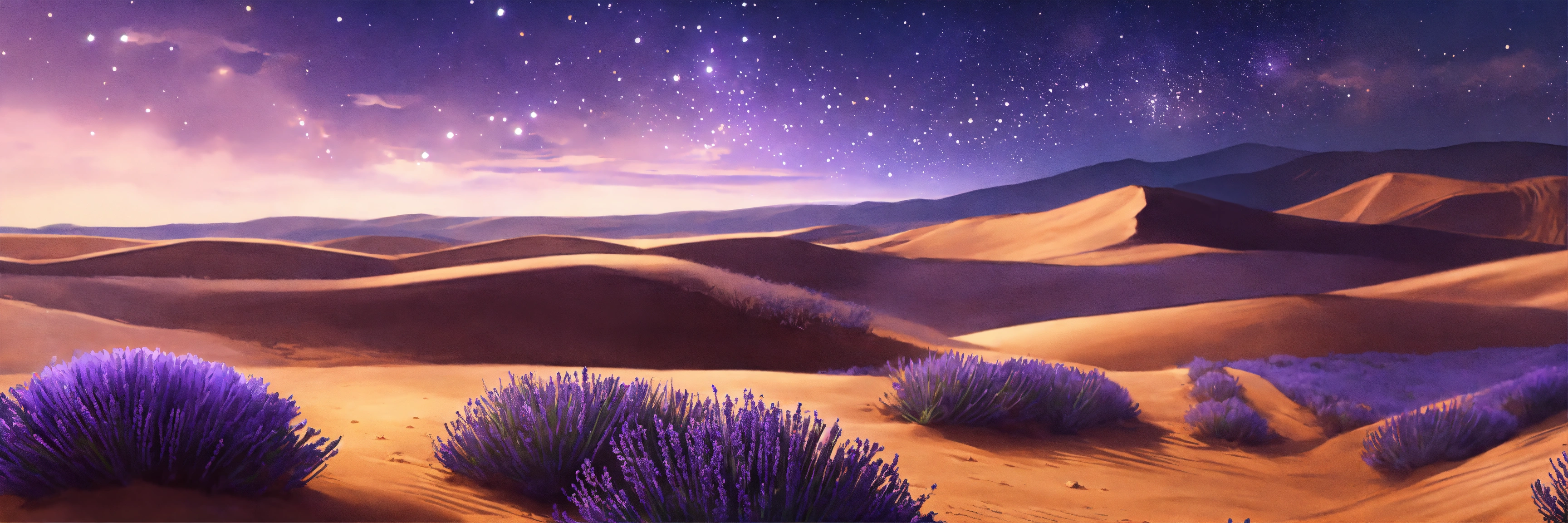 Lexica - Beautiful lavender starry night, concept art, 8k, fog, desert ...