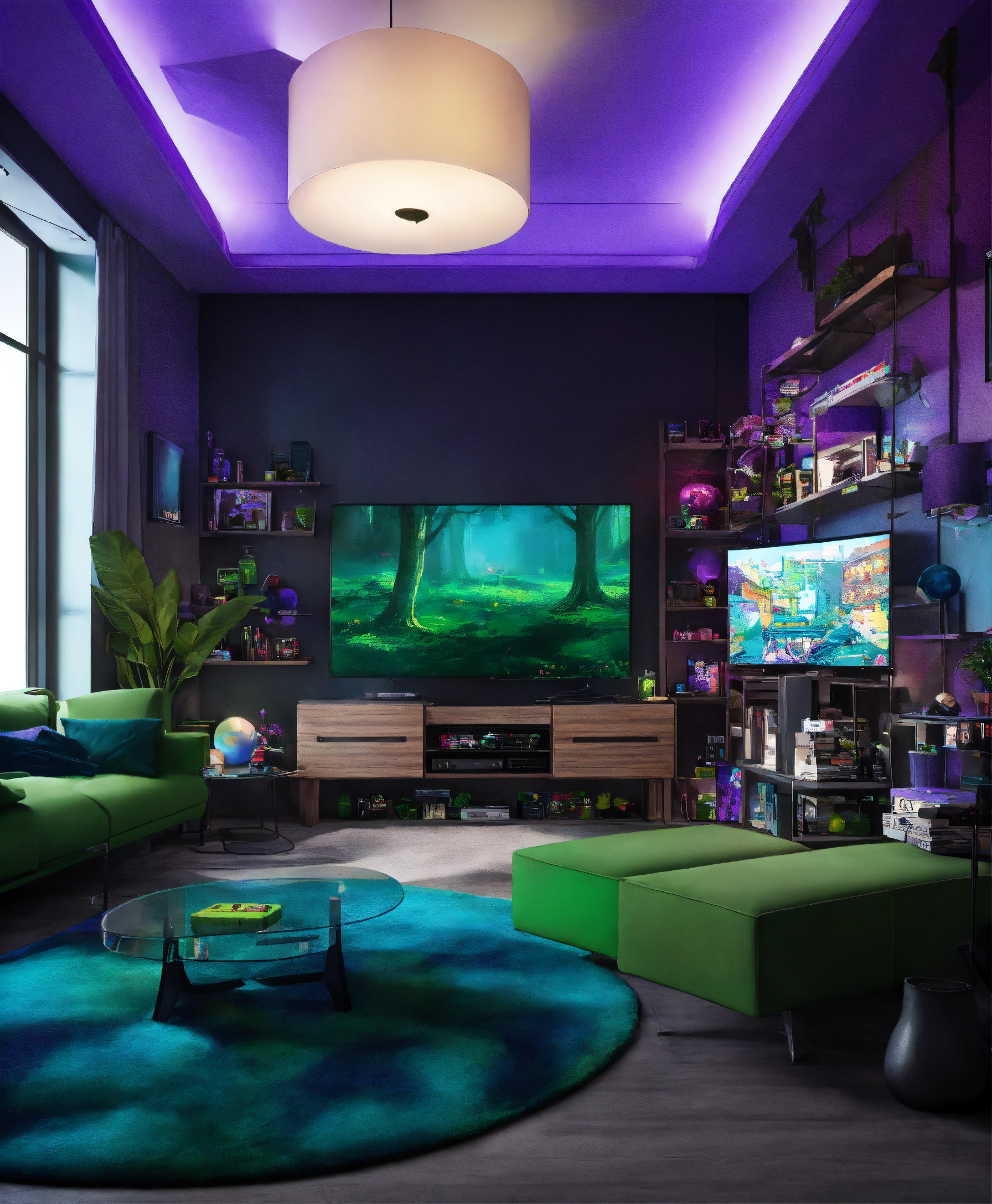 Lexica - Gamer living room, blue, green and purple