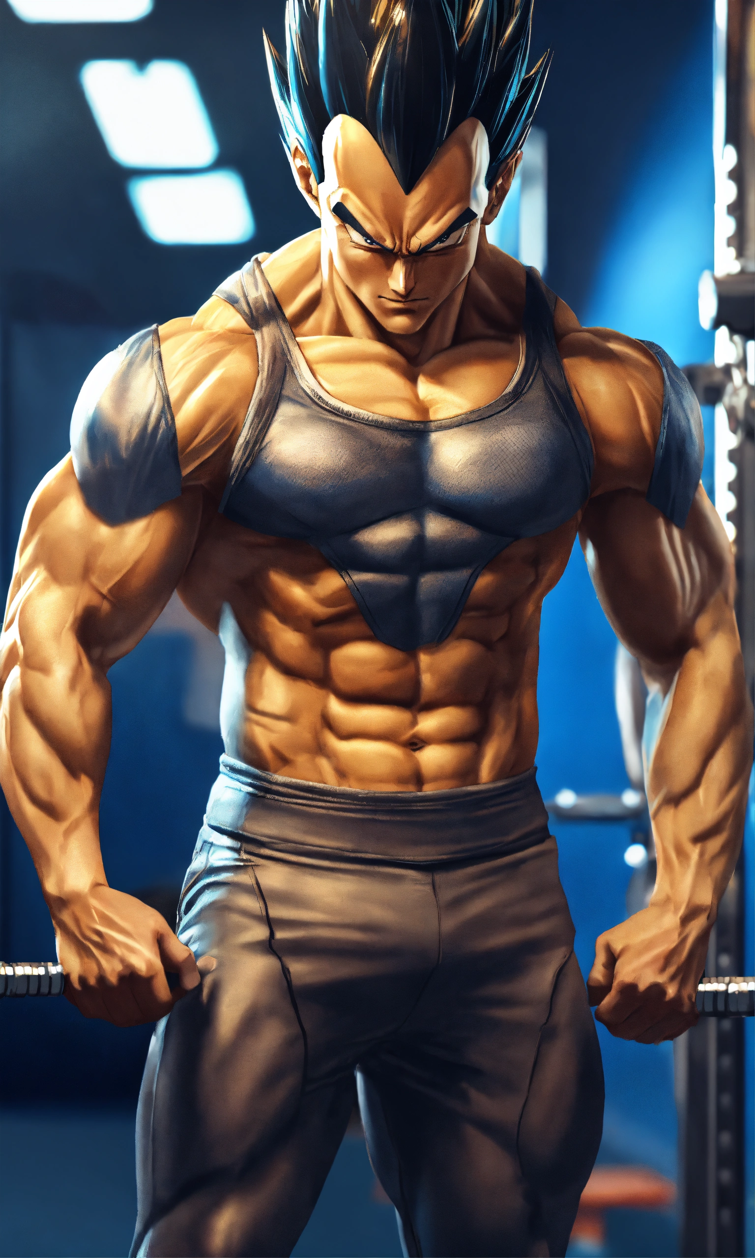Lexica - Vegeta in a fitness gym, T-shirt with "Spiritus Motivation" on ...