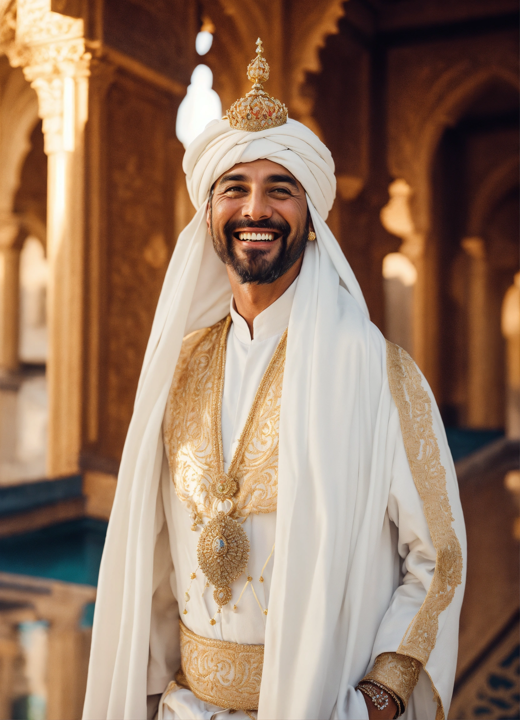 Lexica - 55 year old happy handsome Arabian king, laughing, wearing ...