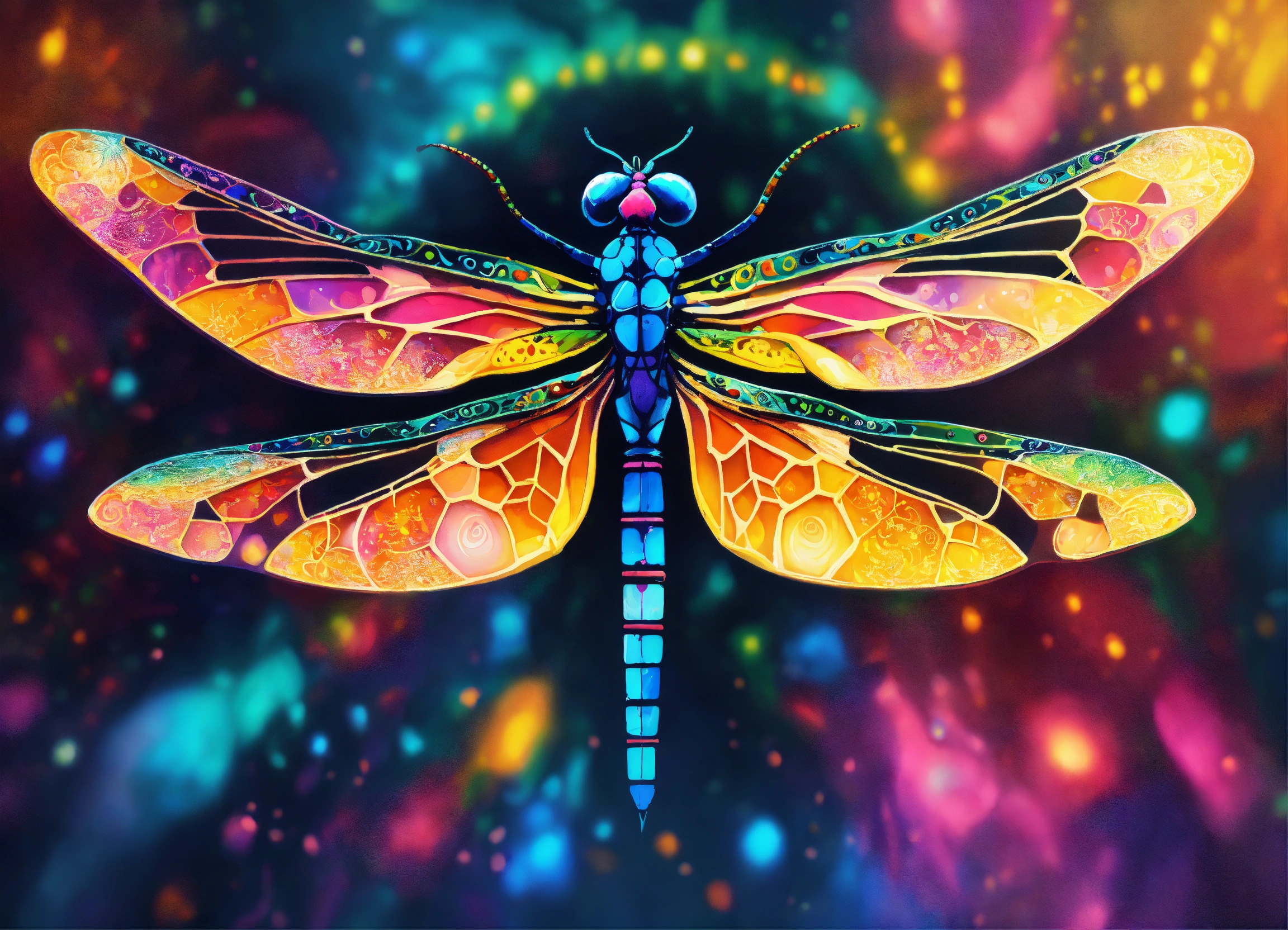 Lexica - Vibrant neo-traditional, a painting of a neon psychedelic dragonfly with swirling ...