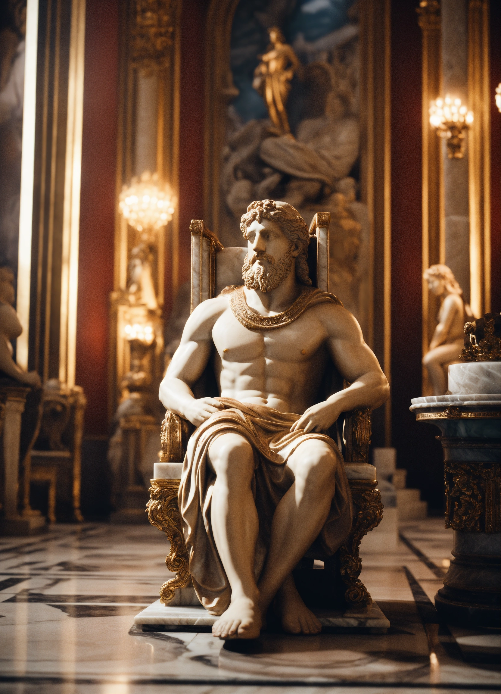 Lexica - Greek marble statues sitting in a club chair, sad expressions ...