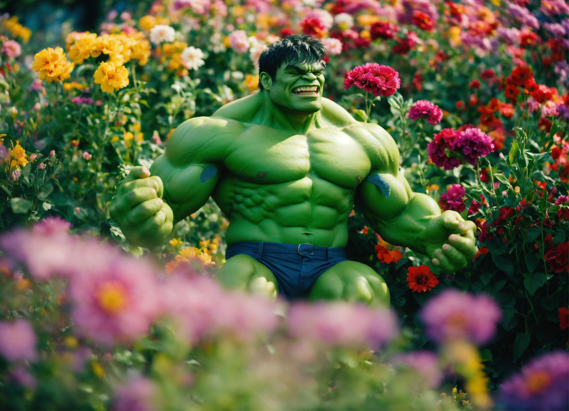 Lexica - Happy Hulk standing in a beautiful field of flowers, colorful ...