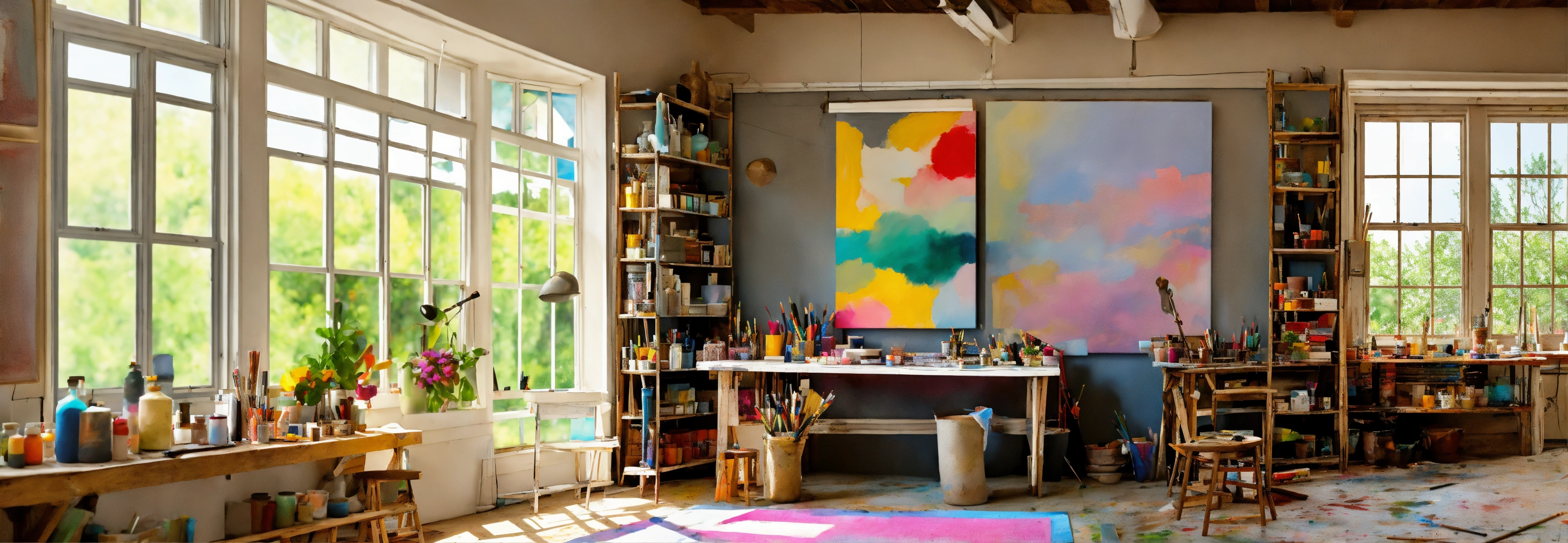 Lexica - Concept art of an art studio, paintings on a canvas, stacked ...