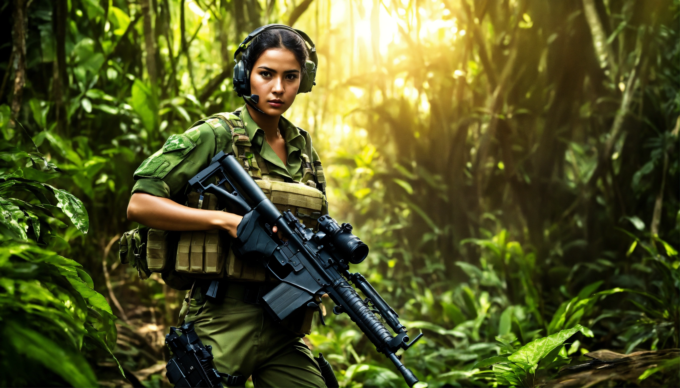 Lexica - Female commandos in jungle, perfect face, full camouflage, HDR ...