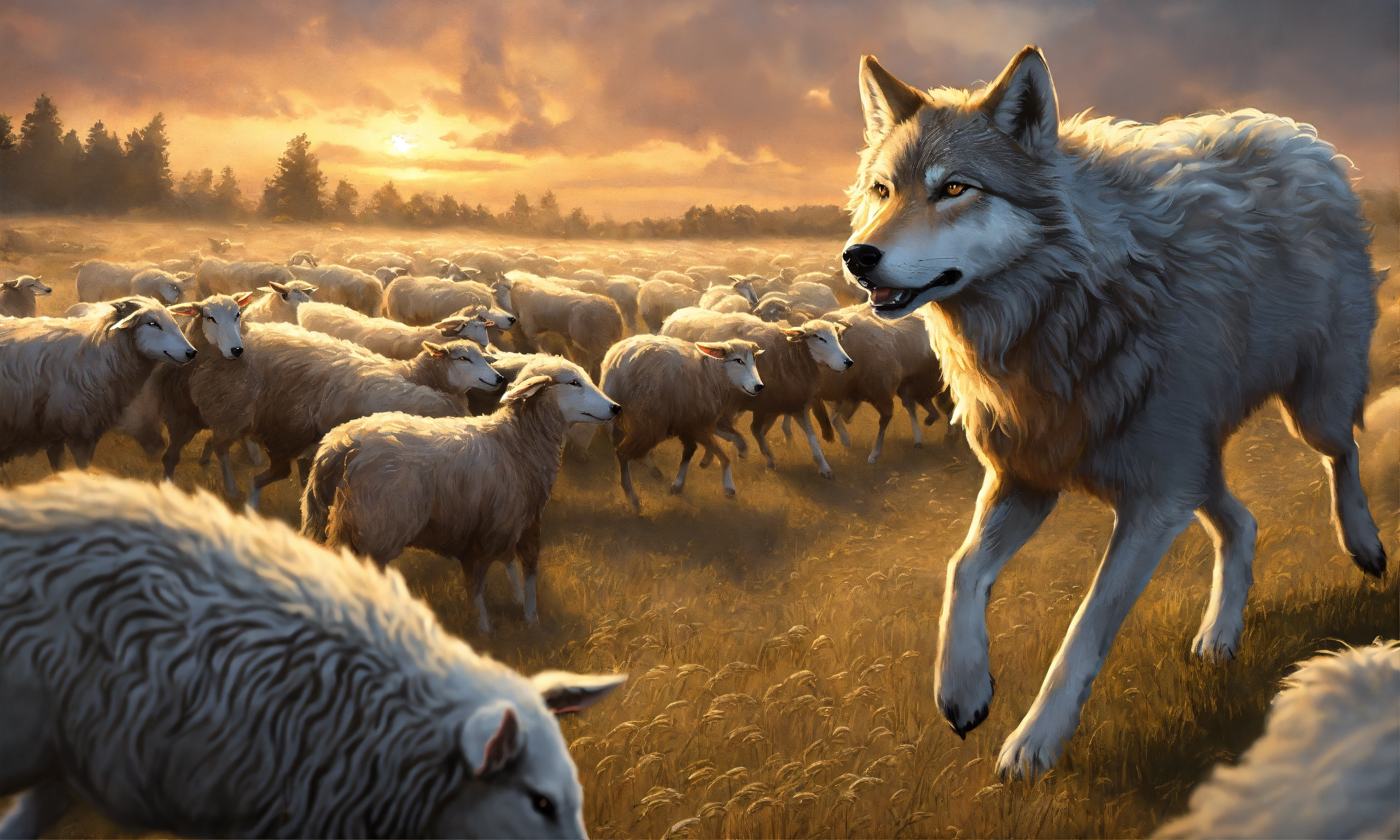 Lexica - Very high detailed 2d illustration of wolf chasing sheep's