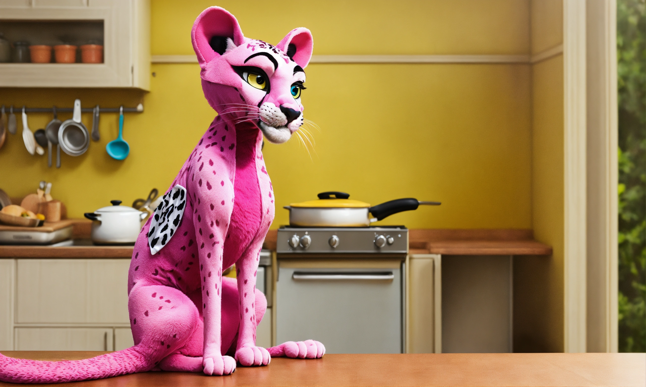 Lexica - Create an image of a skinny pink panther wering a kitchen apron