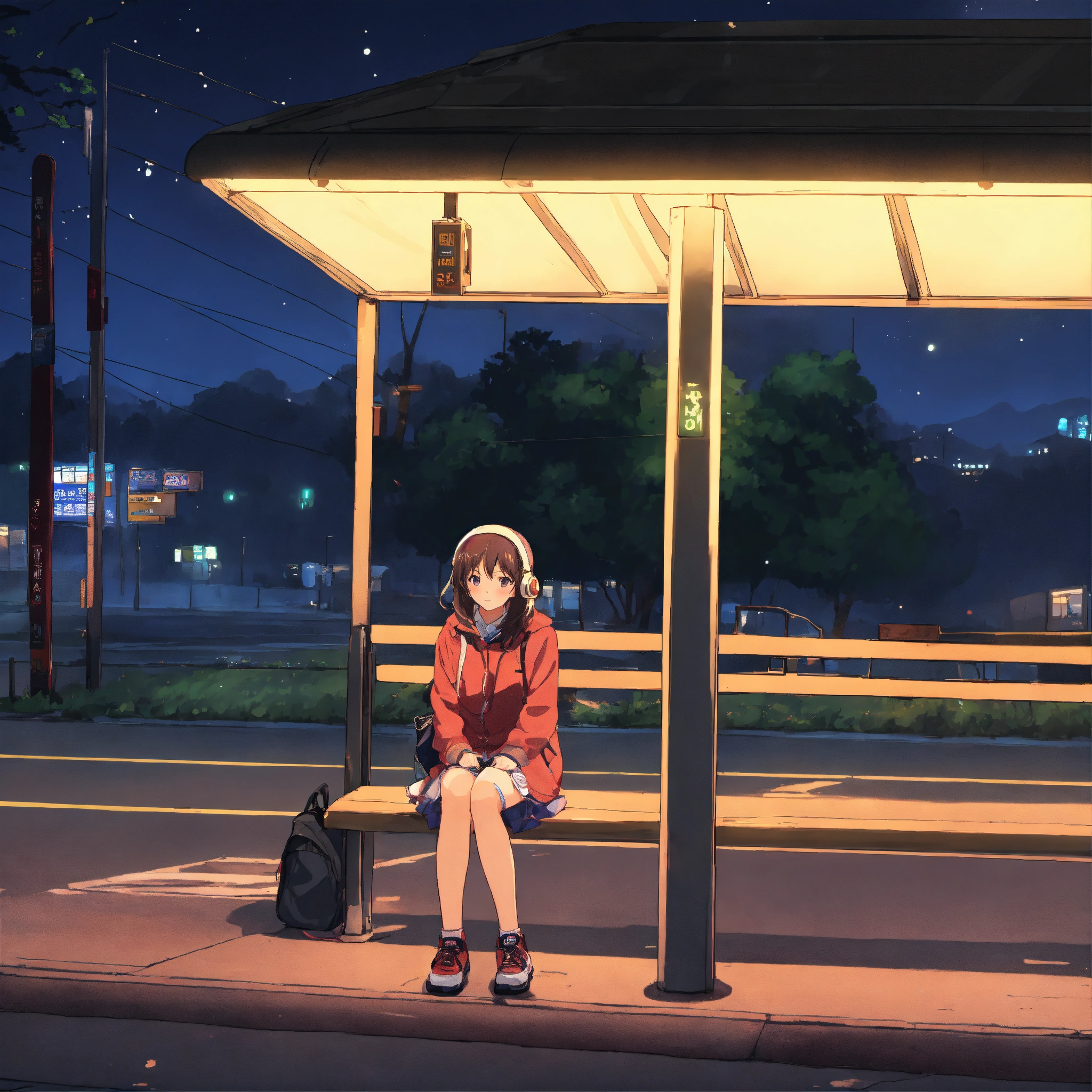 Lexica - A cute anime lofi girl waits at an empty bus stop at night