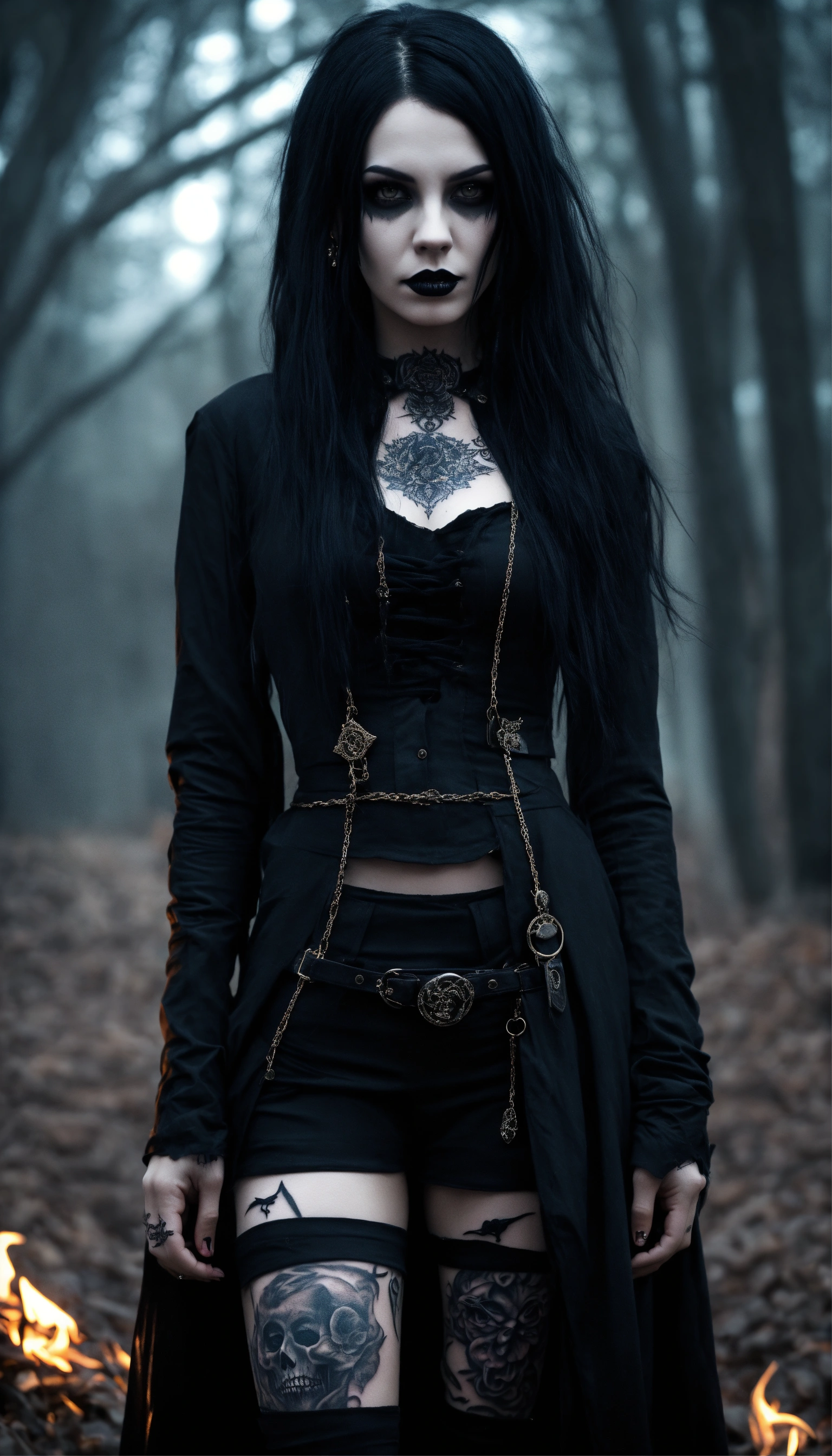 Lexica - A scary girl, full body, pale skin, long crazy black hair ...