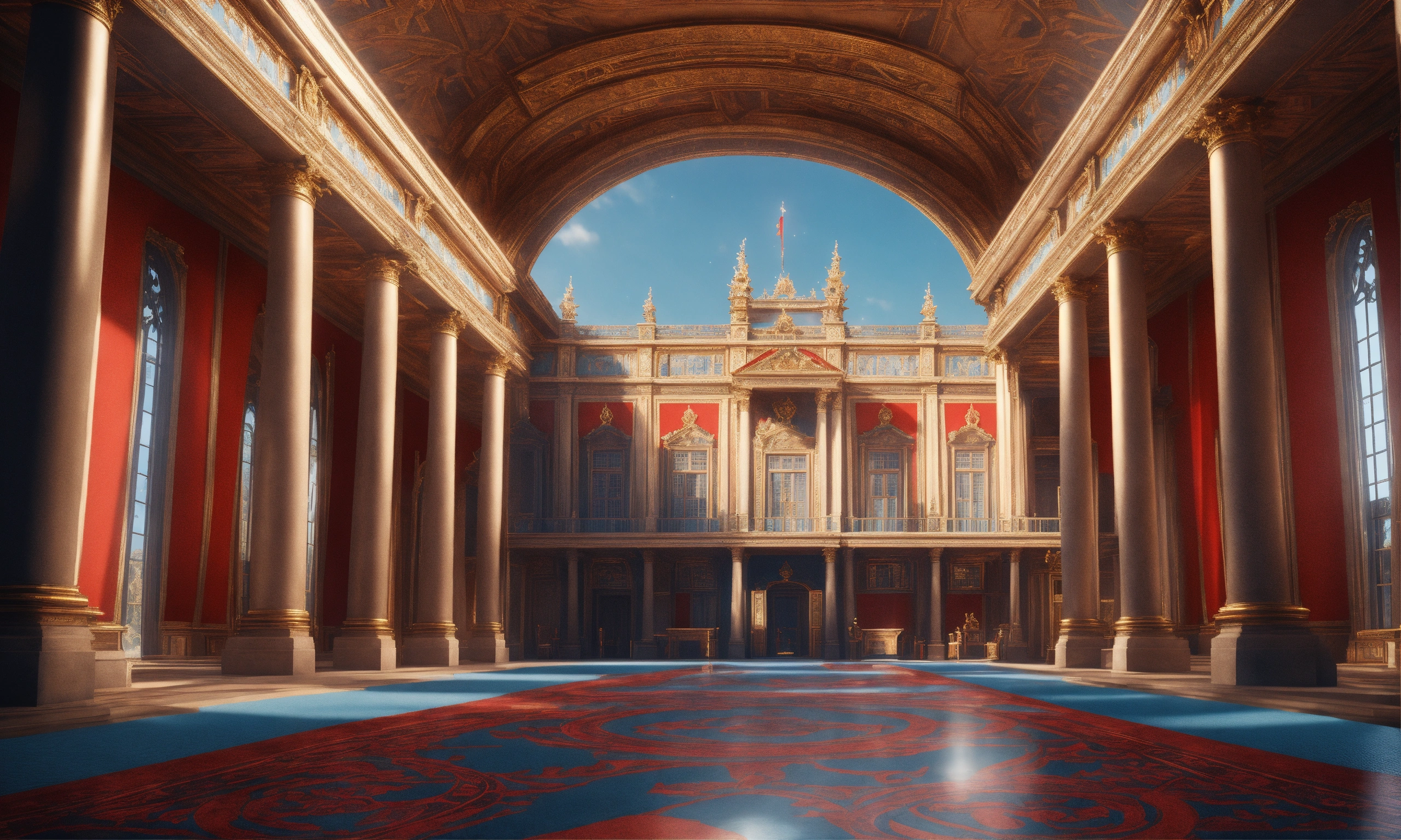 Lexica - Full image of a massive royal palace with light blue and red ...