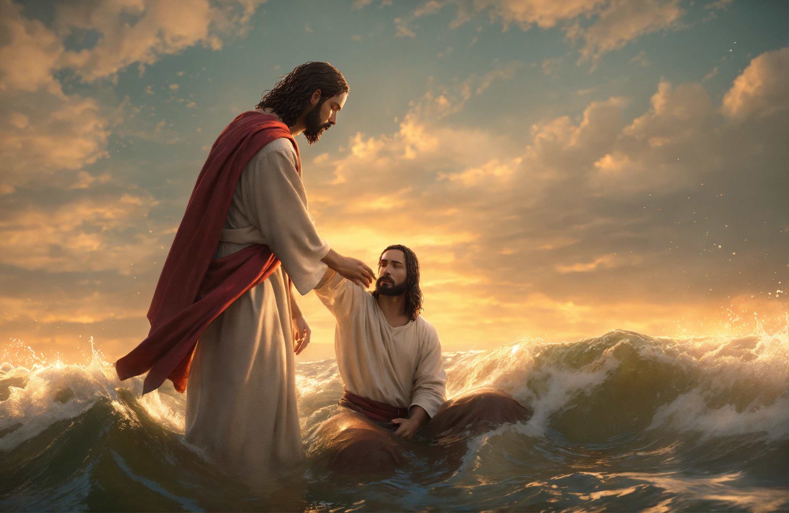 Lexica - Painting Jesus Disciple, sinking n water, hands extended ...