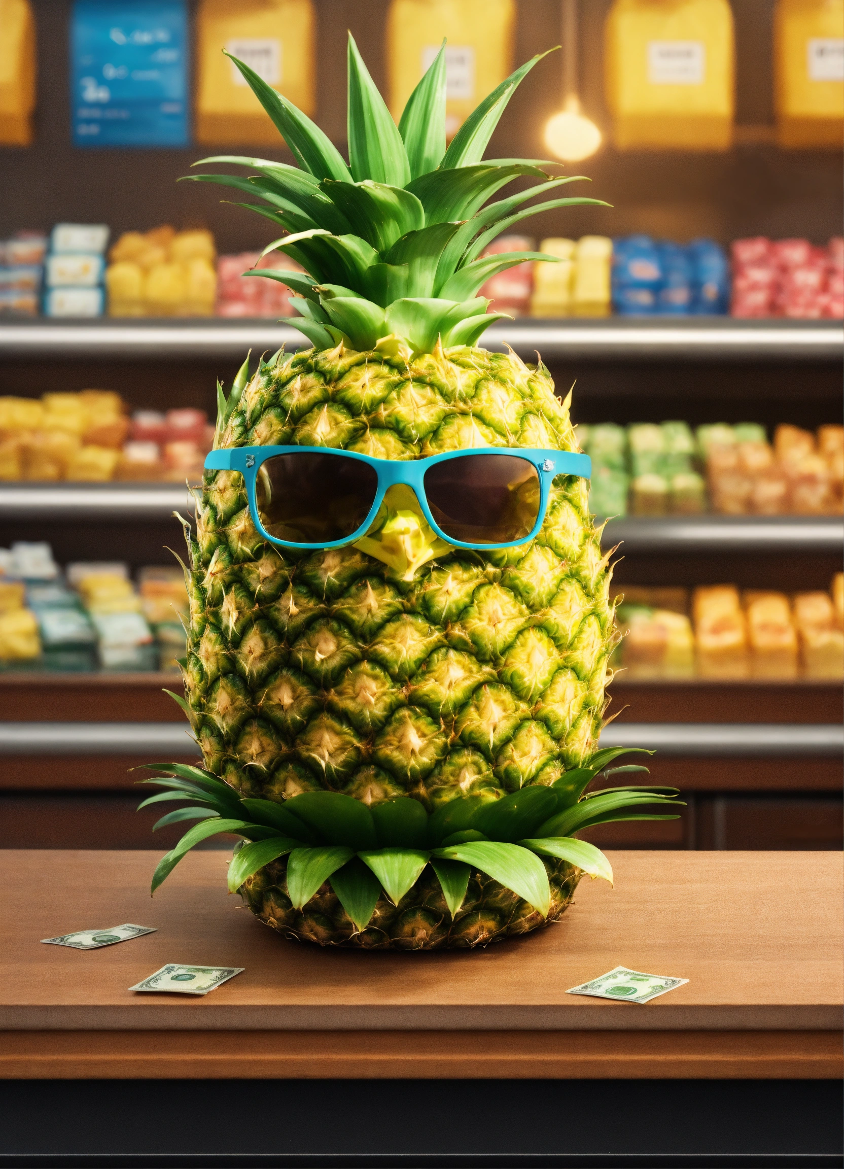 Lexica - A pineapple wearing a crown sits at a cash register and gives ...