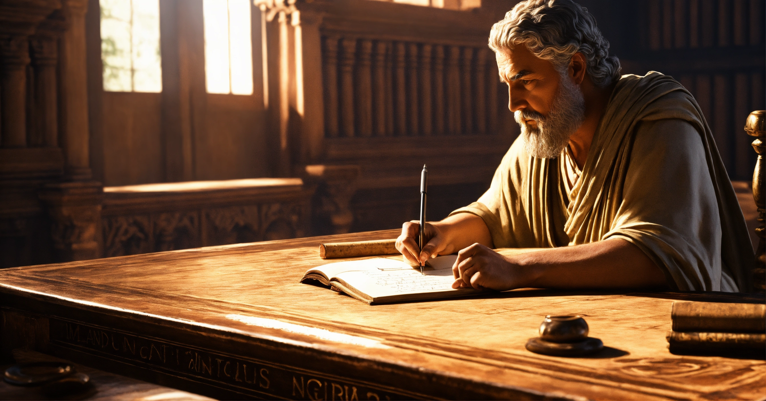 Lexica - Ancient stoic, learning, writing, on a table,accumulates facts ...