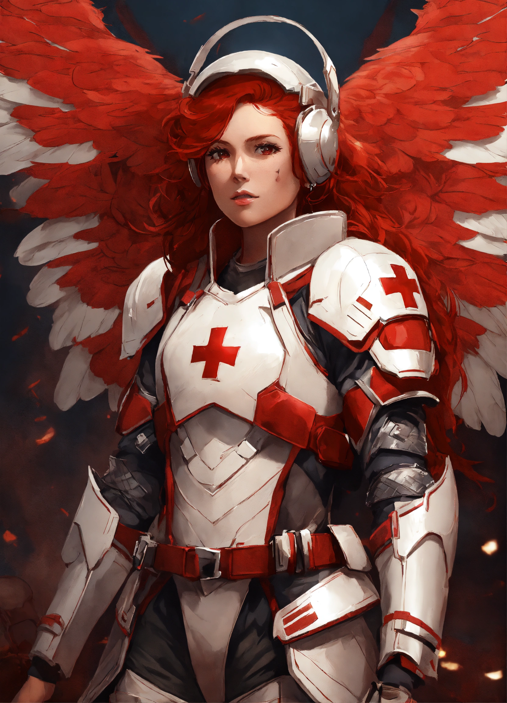 Lexica - Female athletic red hair wearing white metal armor with red ...