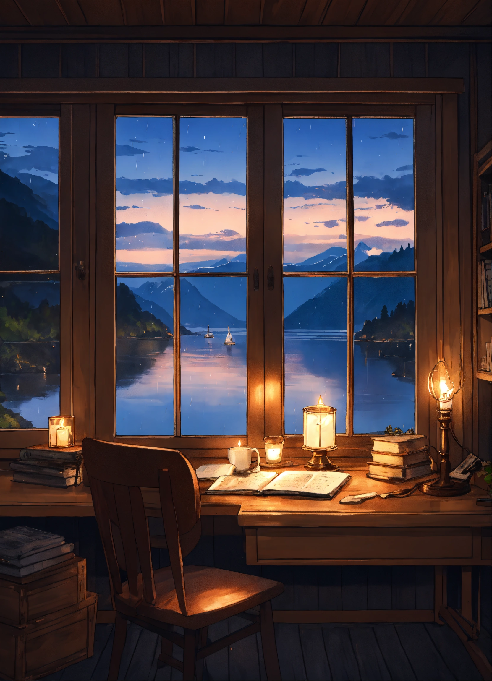 Lexica - Anime study room in finland against fjord, big centered window ...