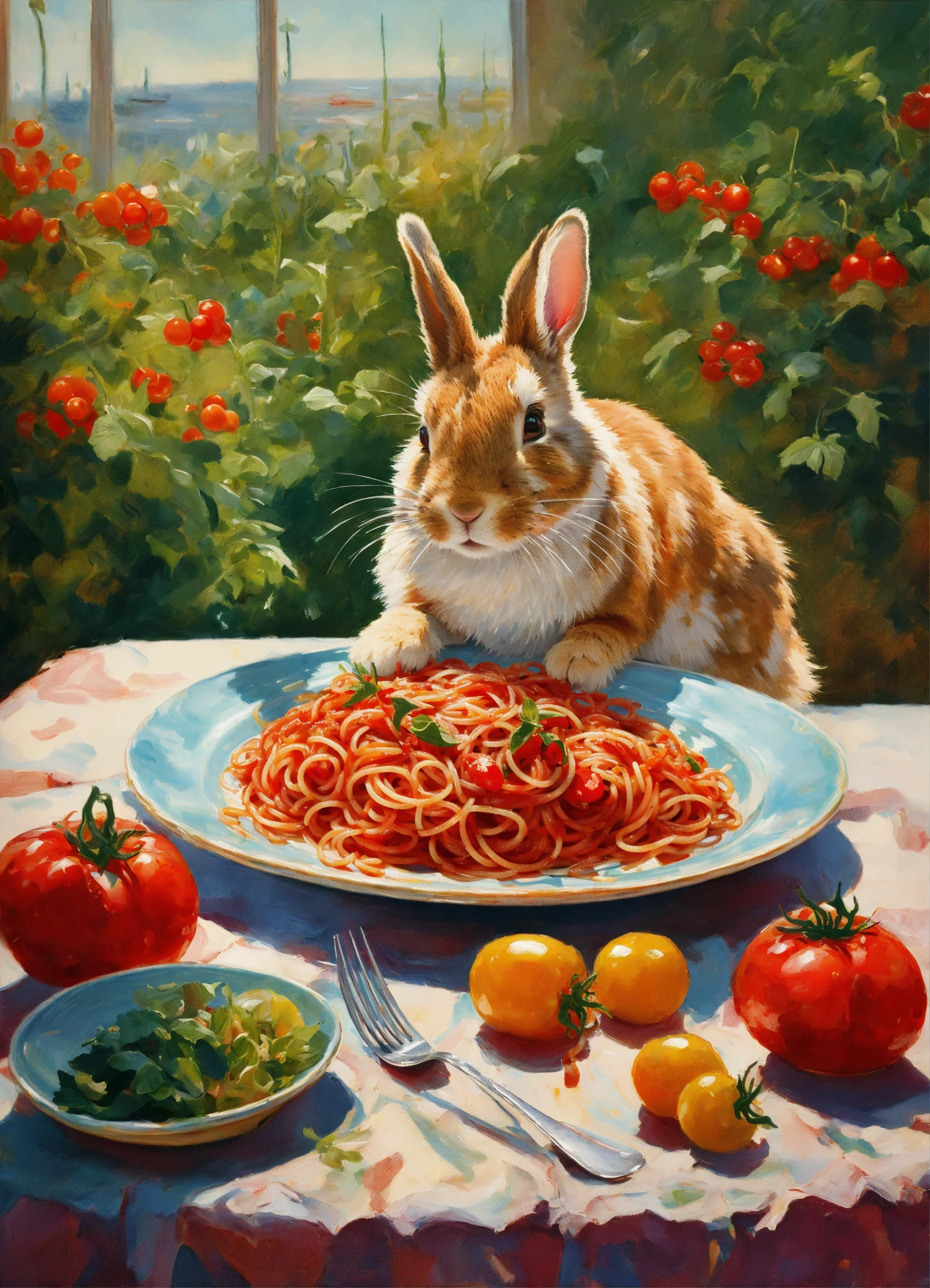 Lexica - A cute tabby rabbit eating messy spaghetti with tomato sauce ...