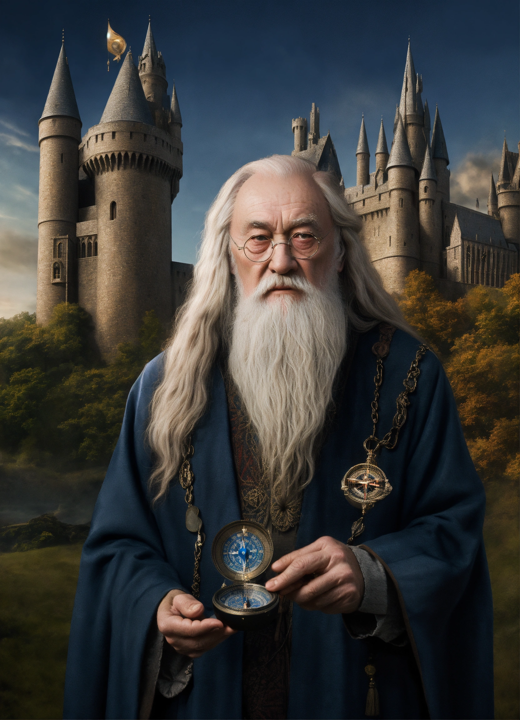 Lexica - Dumbledore with a compass on his hand, in the background ...