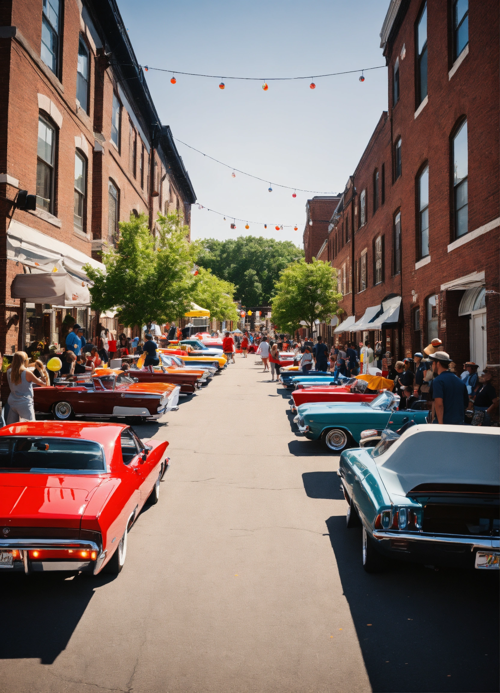 Lexica - Block party scene on a street, car show, red brick buildings ...