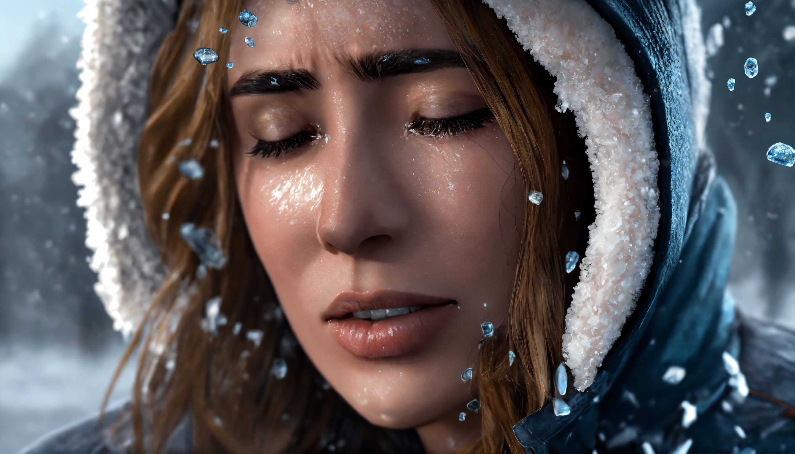 Lexica - Produce images of a woman crying tears of ice in a cold and ...