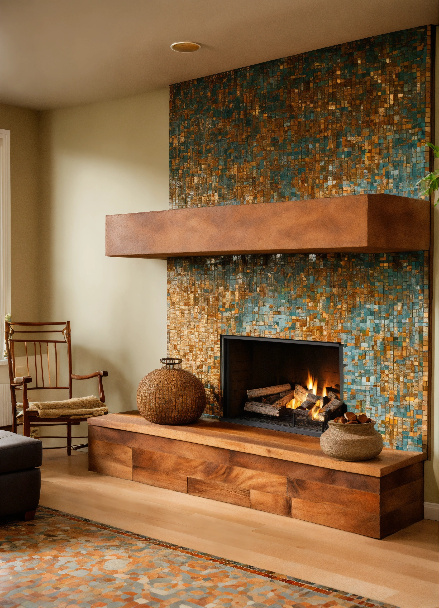 Lexica - A floating, natural wood mantle over a fireplace, mosaic tiles ...