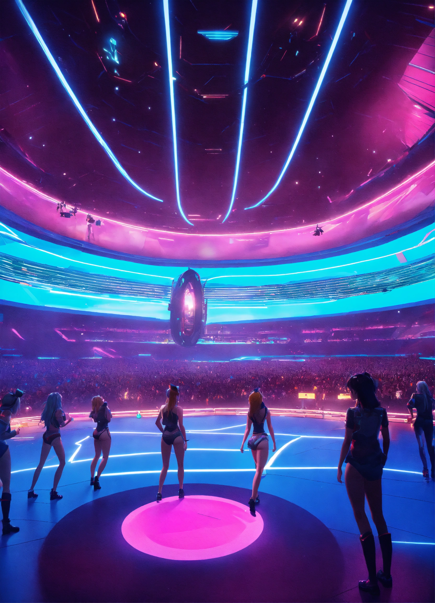 Lexica - A concert plays at a futuristic arena at a spaceport, the ...