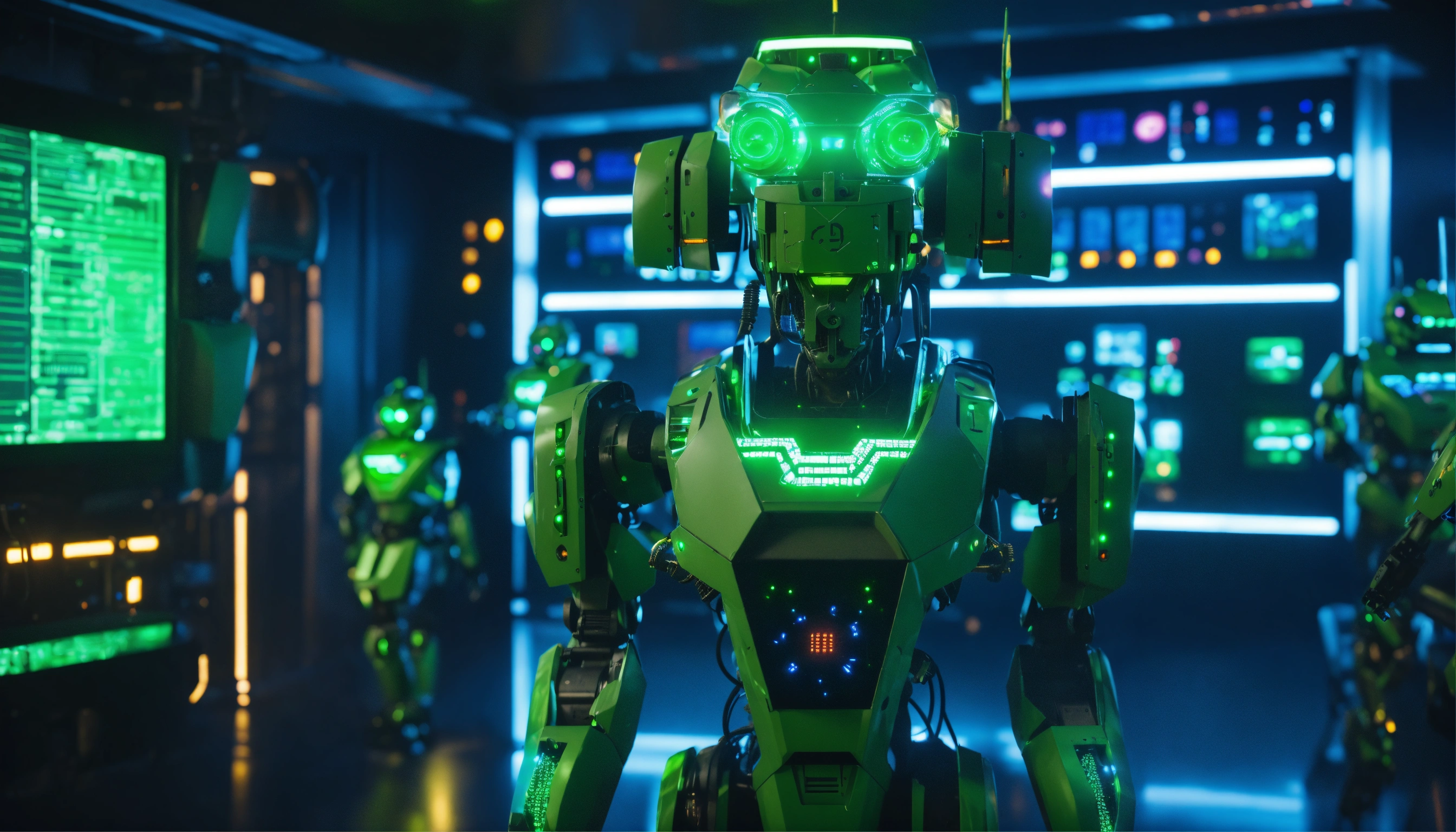 Lexica - Group of heavy green bug faced mechanized robots with glowing ...