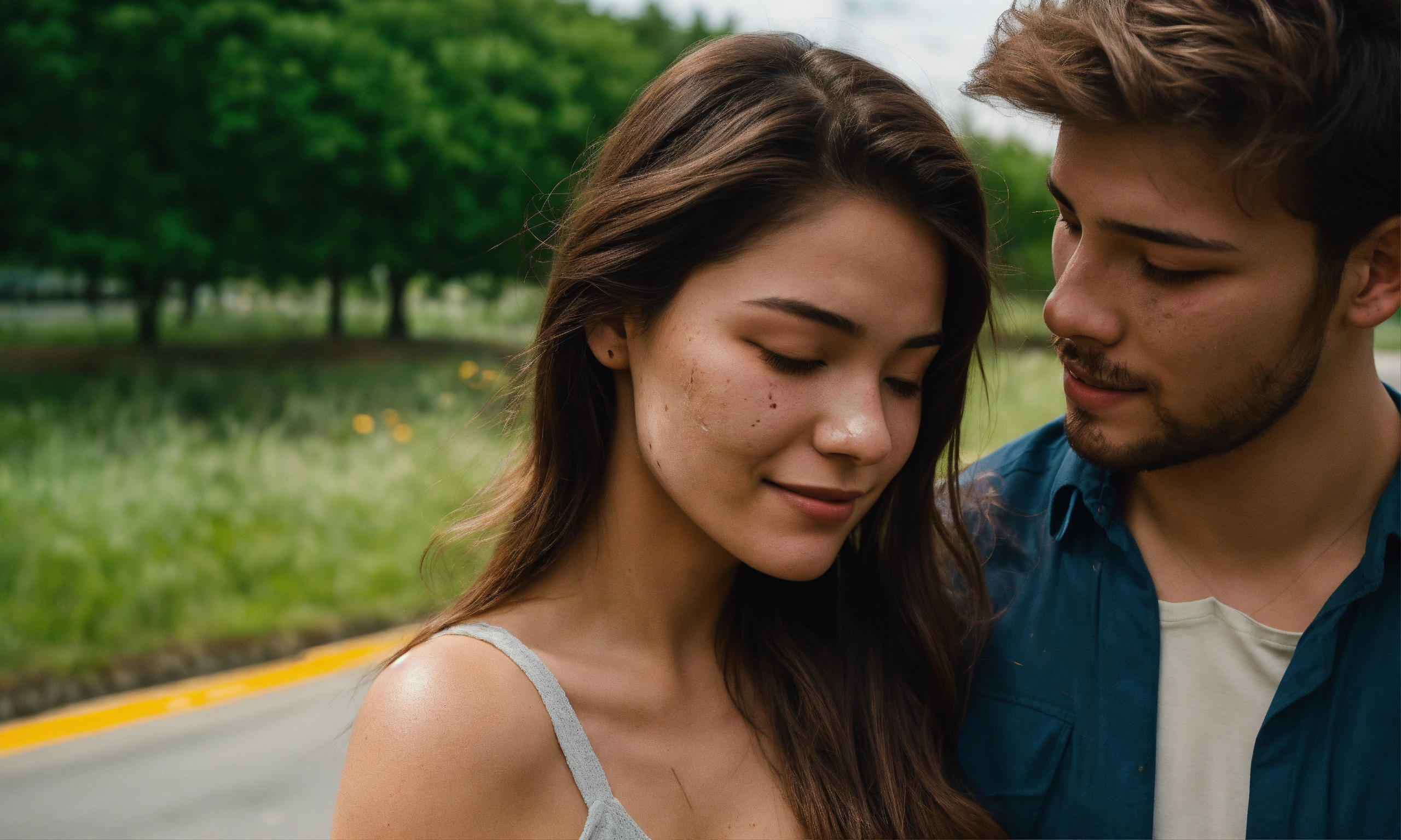 Lexica - A 20-year-old, pretty woman, with minor scrapes on her face, hugging a handsome man who ...