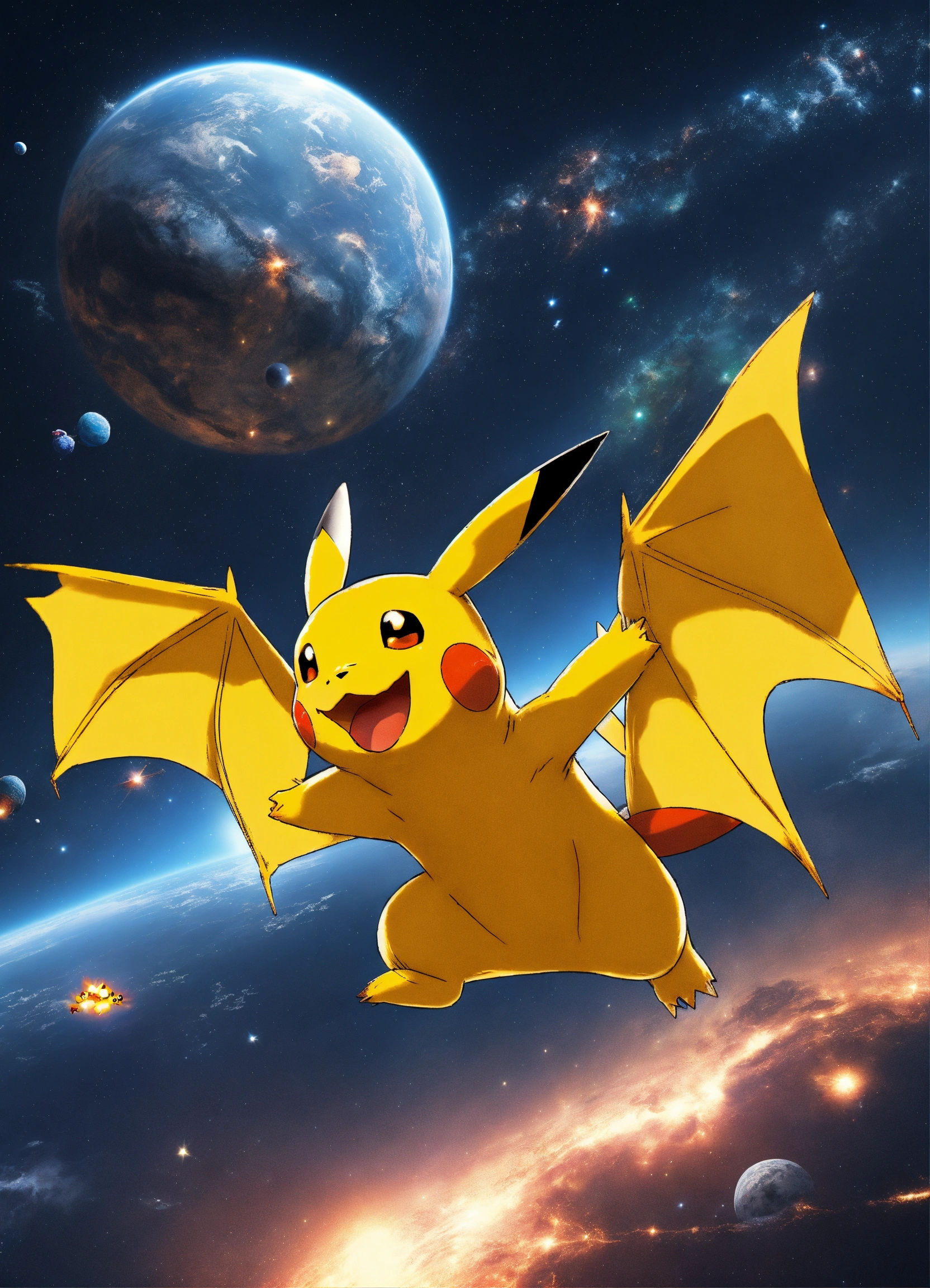 Lexica - PIKACHU LIKE A realistic Charmander flying Batman in space.