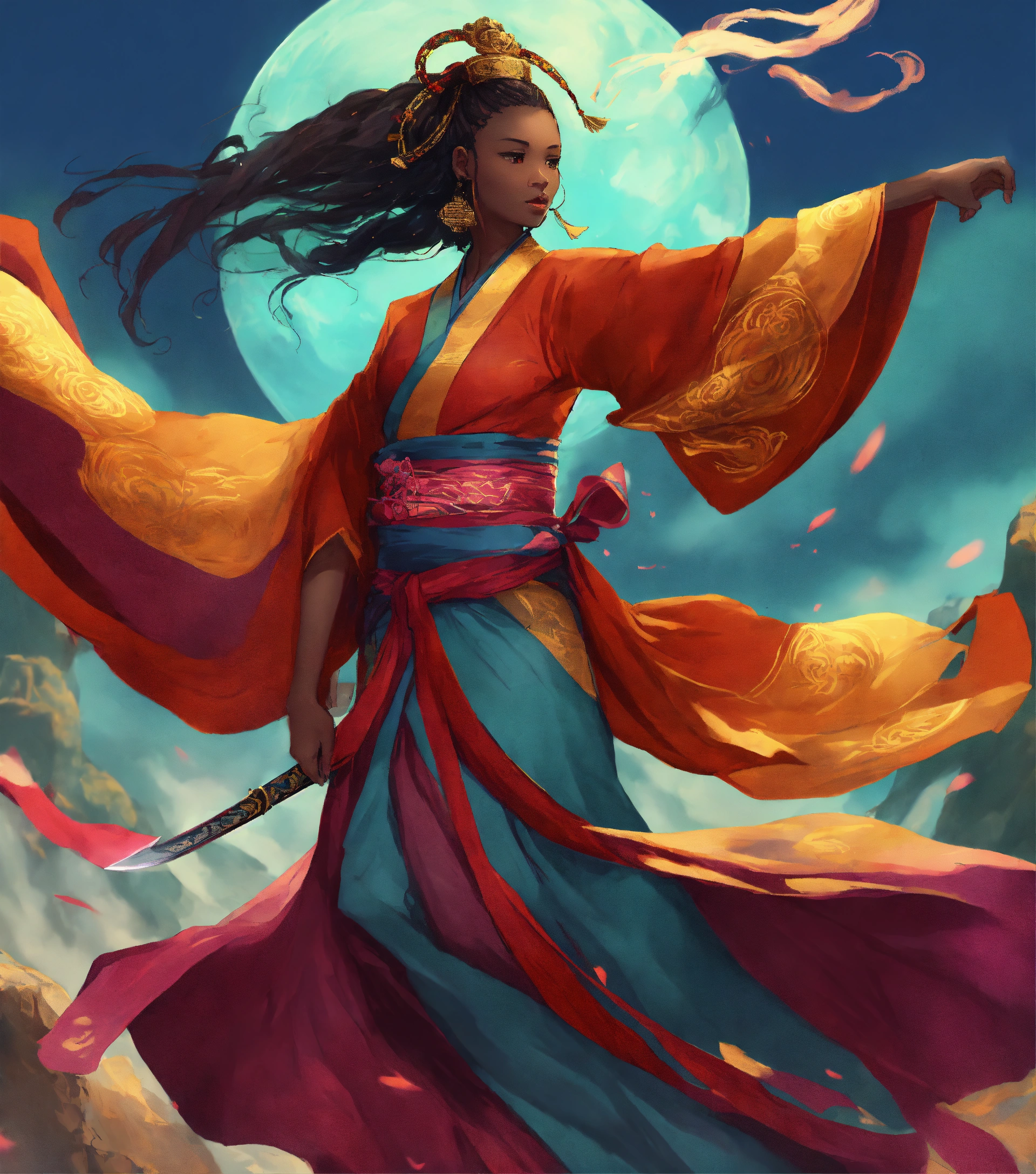 Lexica - An African woman cultivator in jewel tone flowing robes flying ...