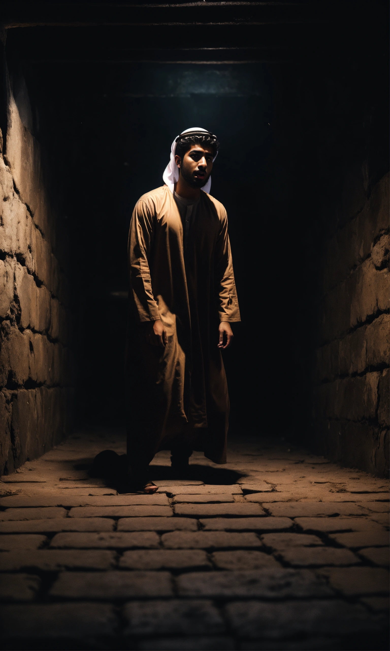 Lexica - A young arab man falling on the floor of a deep dark empty ...