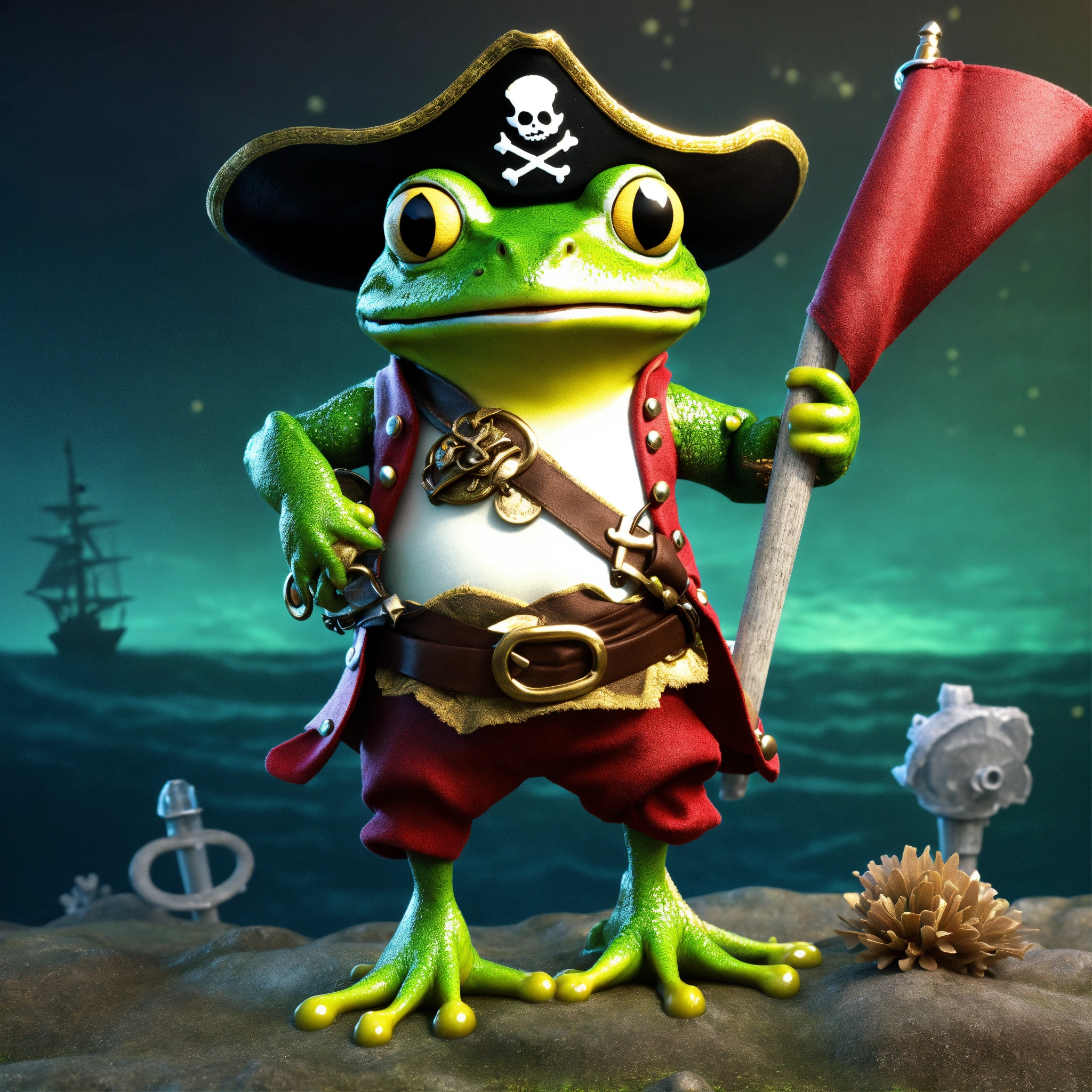 Lexica - Pirate frog, wearing a pirate hat, holding a pirate flag ...