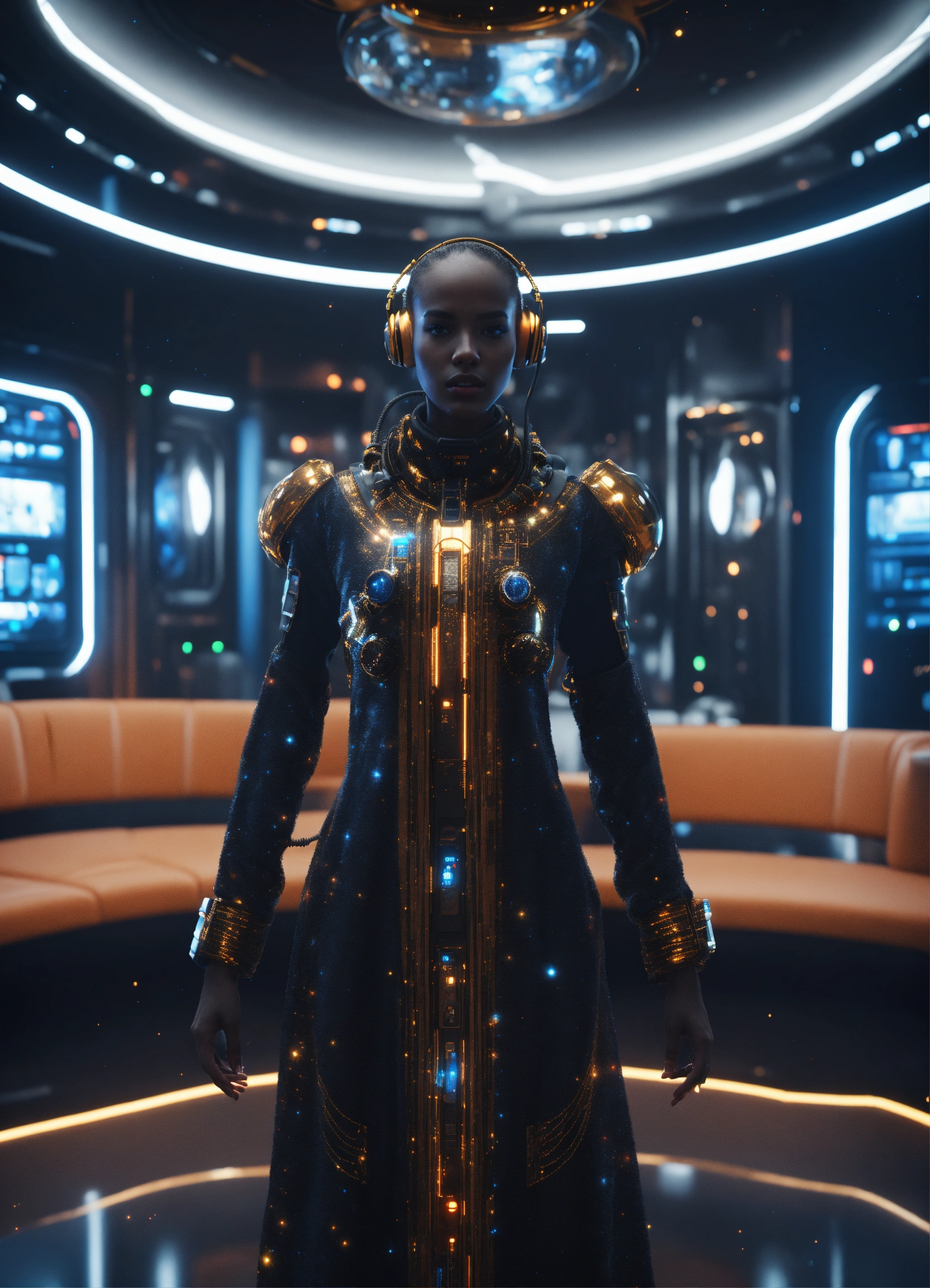 Lexica - Zoom out from a black beautiful faced humanoid, wearing a ...