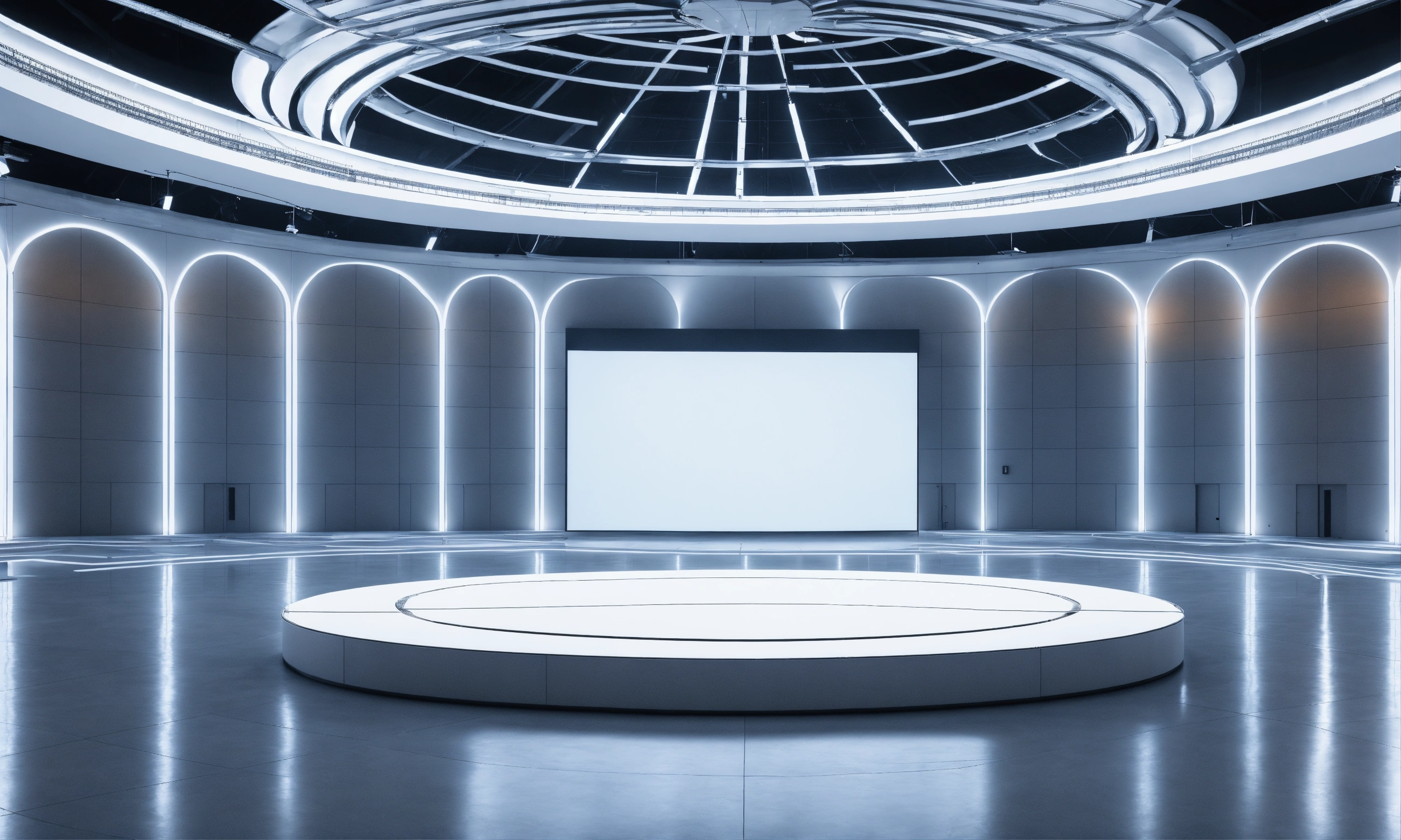 Lexica - A realistic photo of a huge circular-shaped hall, with a huge ...