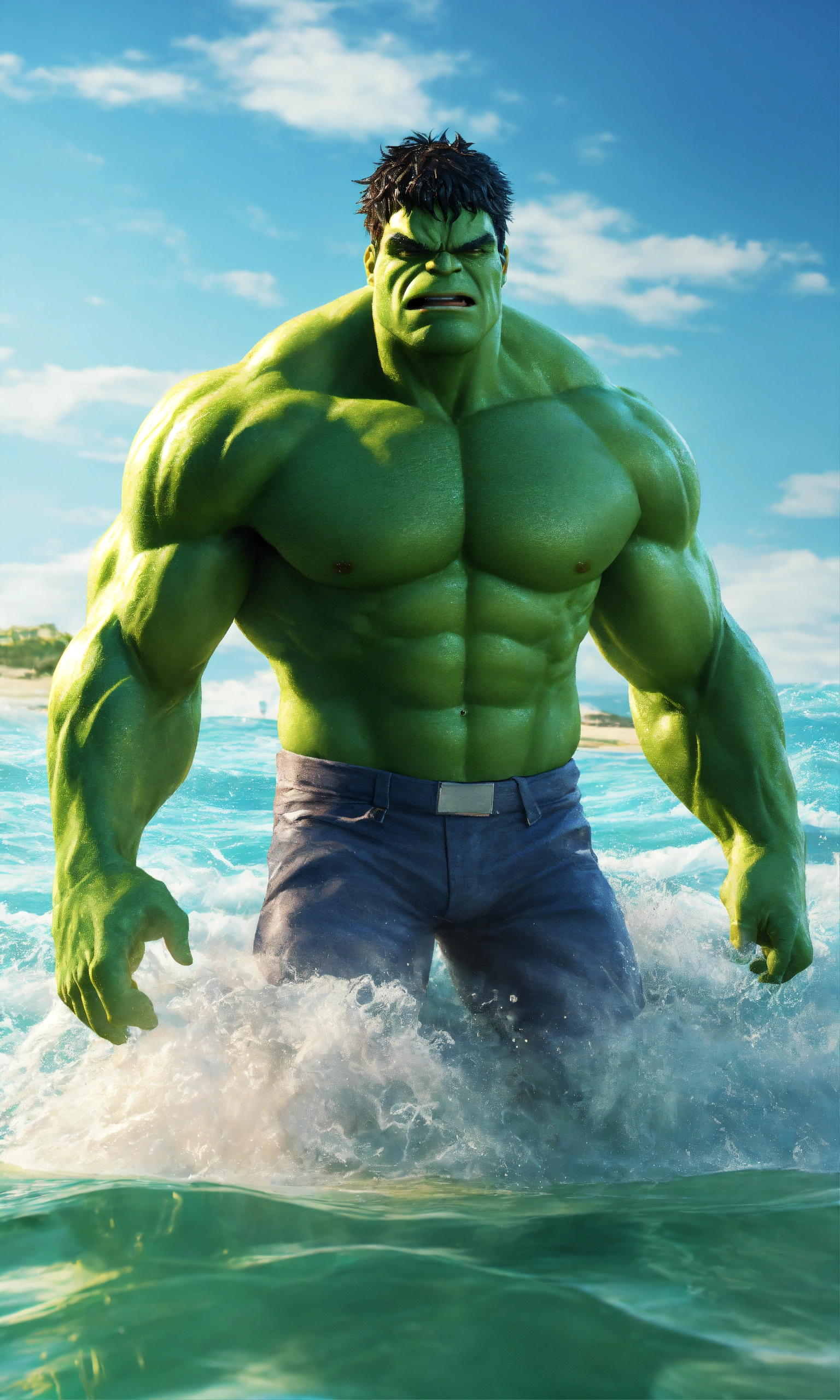 Lexica - Hulk swimming on the seaside full-body, colorful background ...