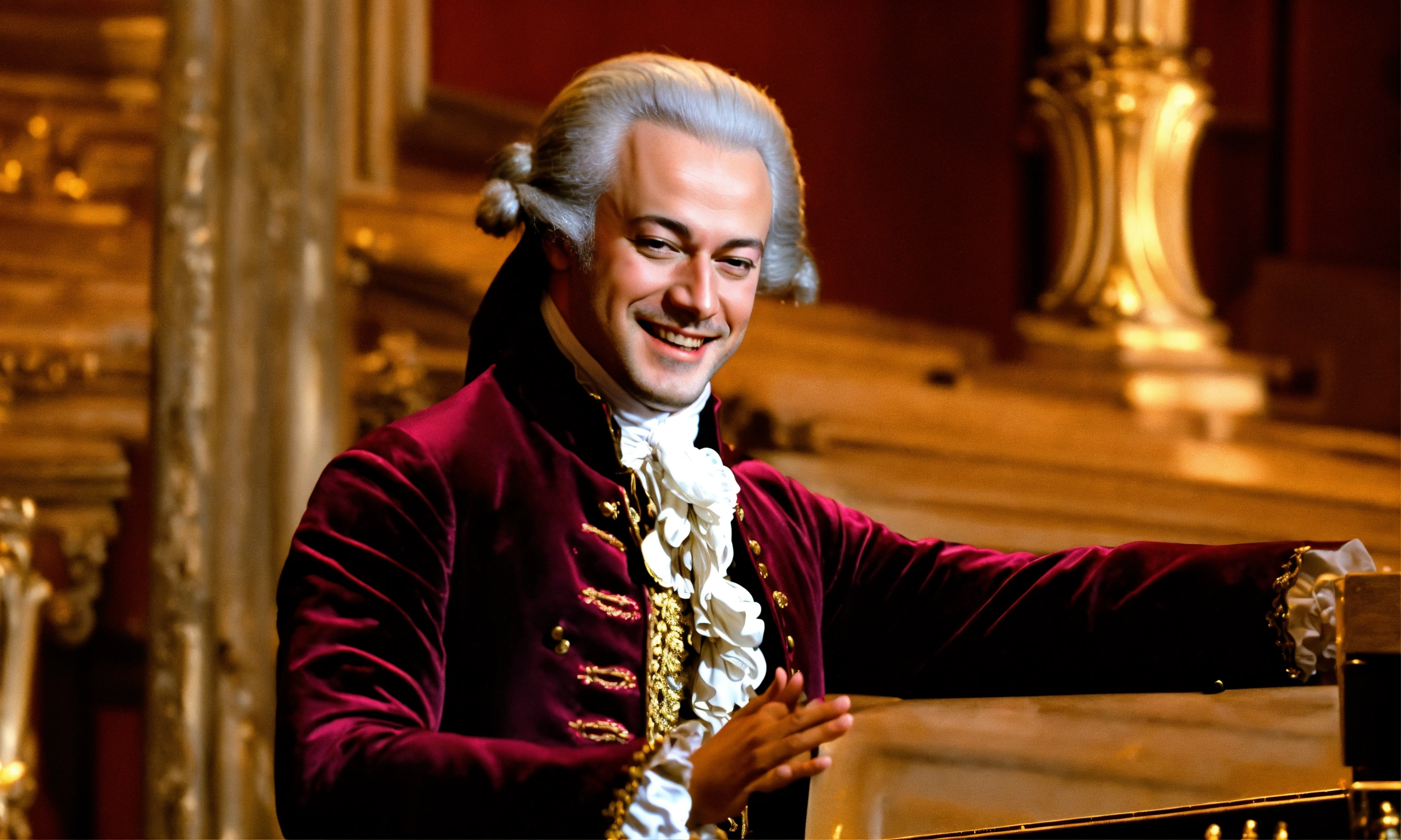Lexica - Wolfgang Amadeus Mozart sonriendo mientras toca el piano y un ...