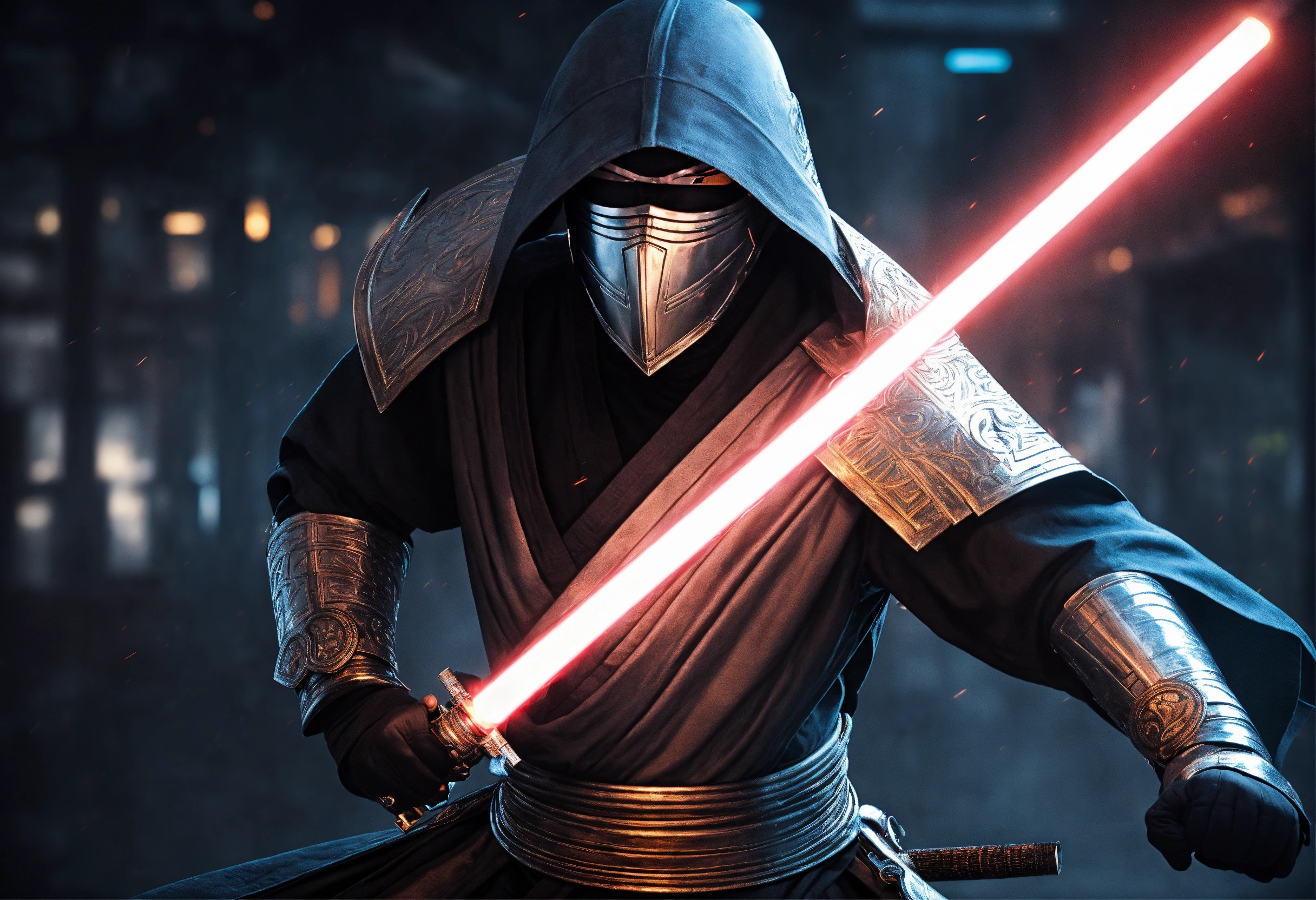 Lexica - Ninja dual wielding lightsabers, glowing silver bladed ...