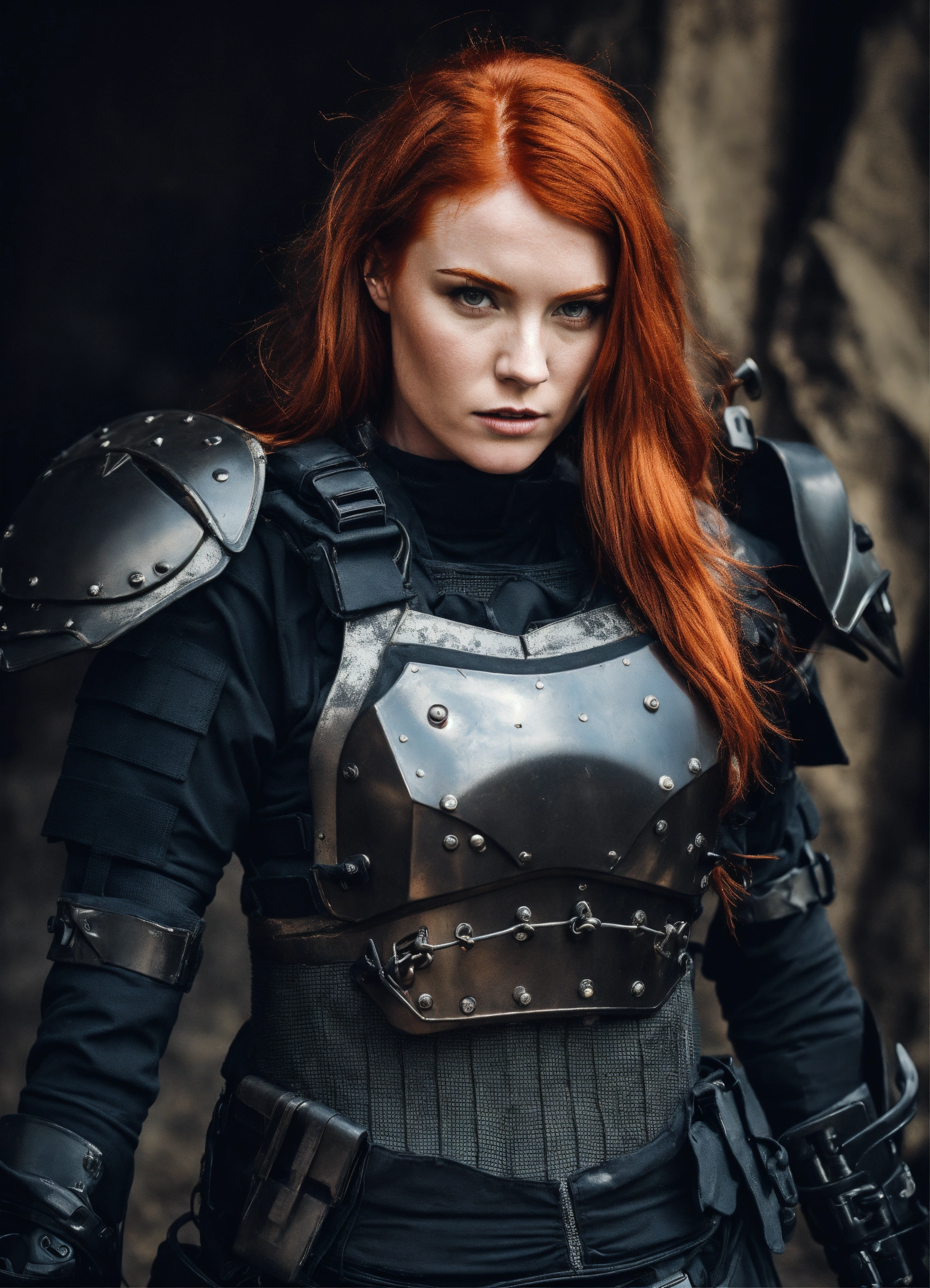Lexica - Female athletic red hair model wearing black metal military ...
